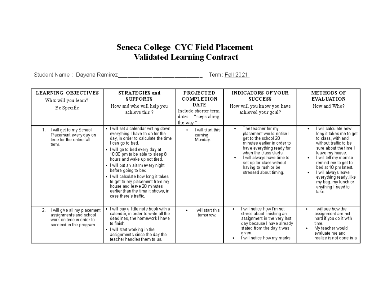 Learning Contract goals objectives child - Seneca College CYC Field ...