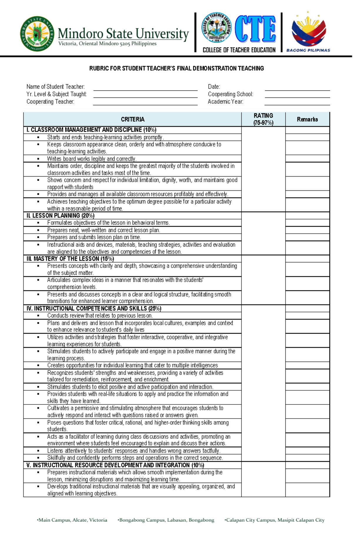 Teaching Demo Rubric 2024 - RUBRIC FOR STUDENT TEACHER’S FINAL ...