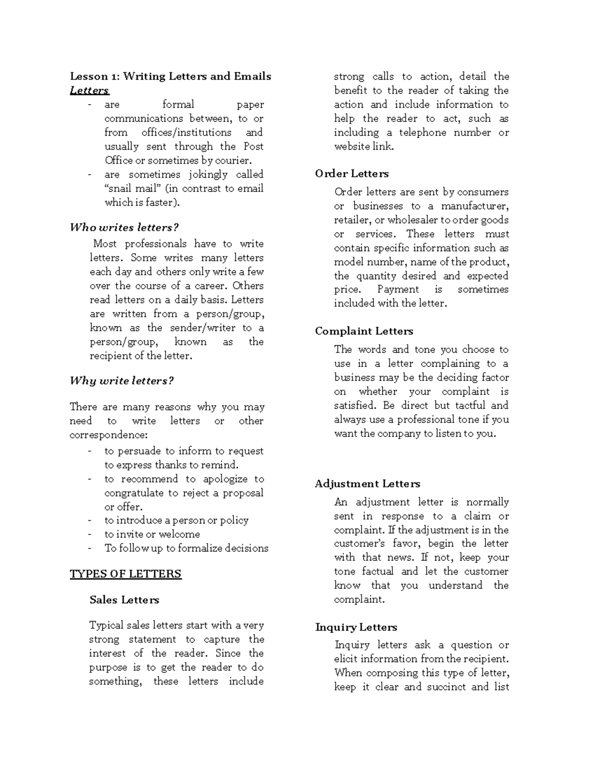 English-102- Reviewer - Lesson 1: Writing Letters and Emails Letters ...