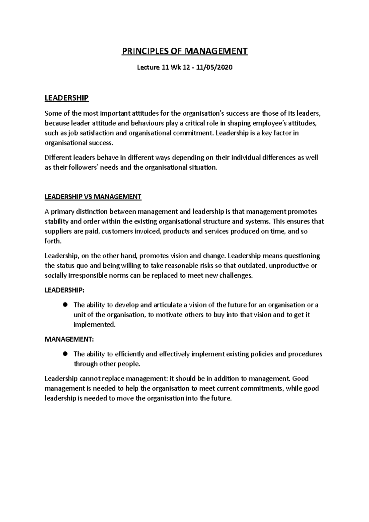 POM Notes - Lecture 11 - PRINCIPLES OF MANAGEMENT Lecture 11 Wk 12 - 11 ...