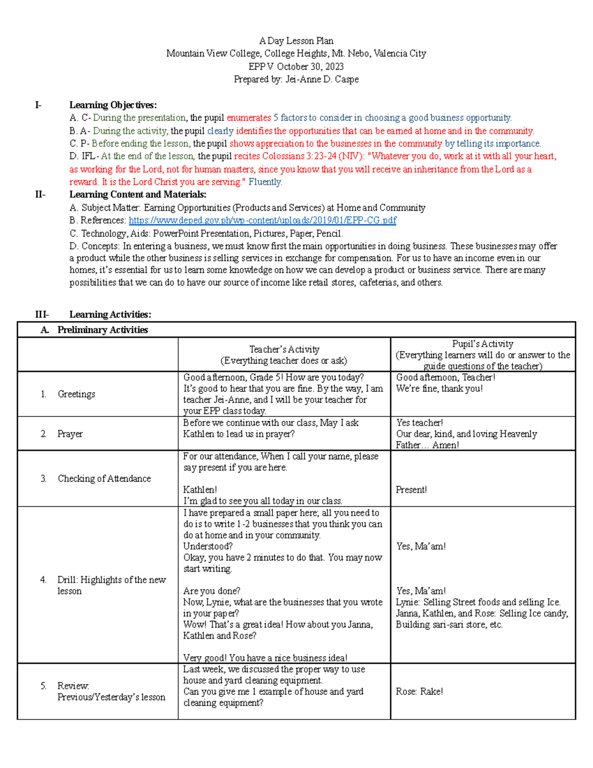 A Day Lesson Plan EPP G5- Caspe, J.A.D - A Day Lesson Plan Mountain ...