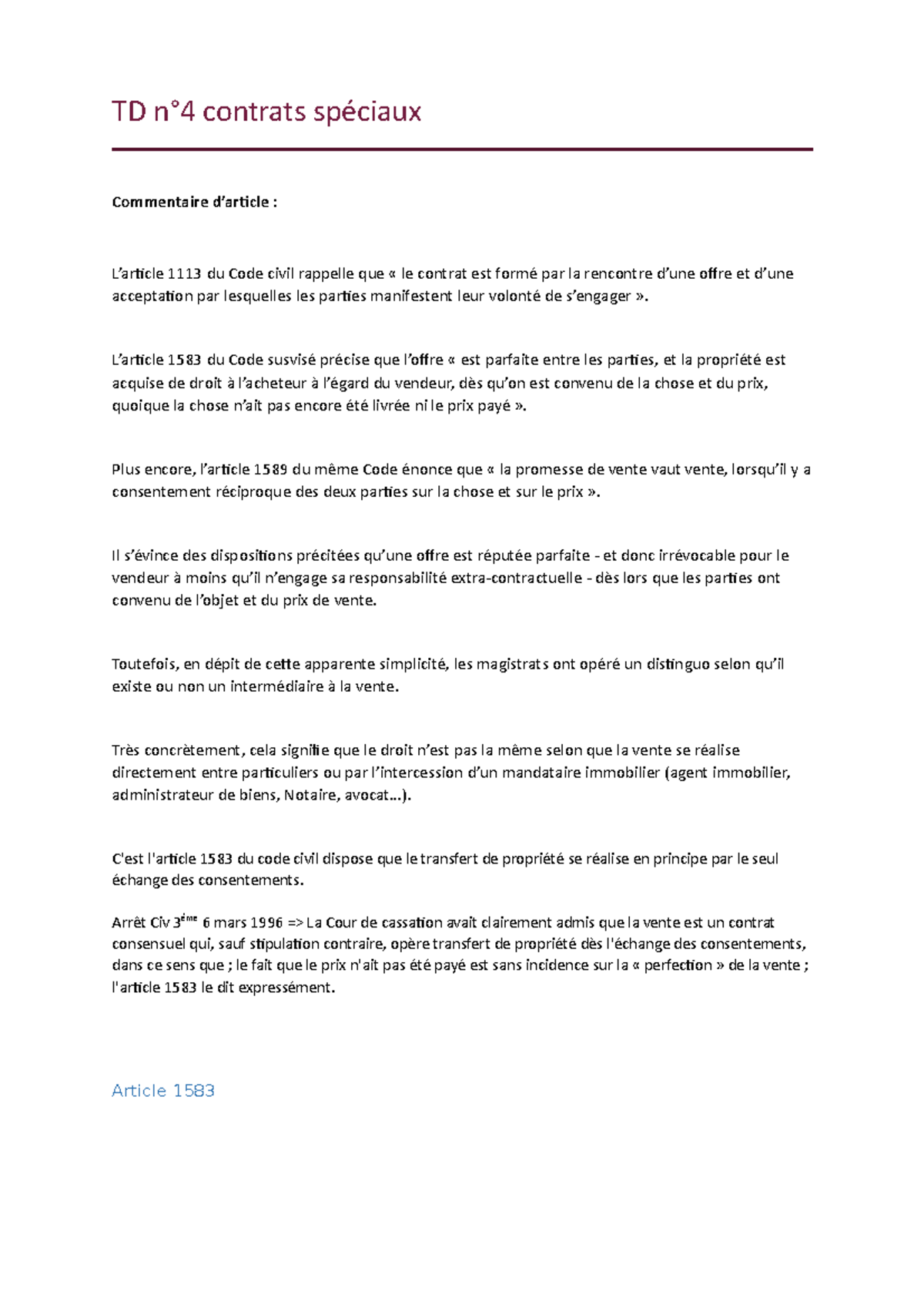 TD n°4 CSC - td n4 - TD n°4 contrats spéciaux Commentaire d’article : L ...
