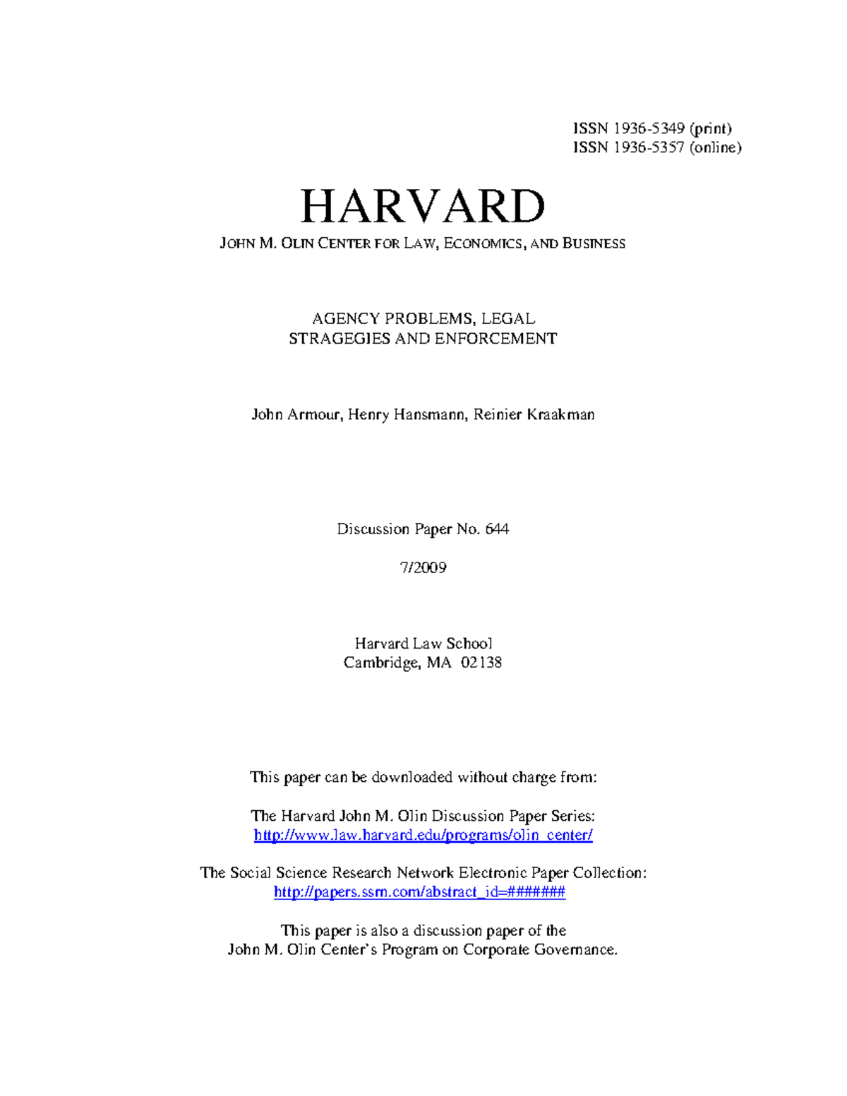 Kraakman 644 - ISSN 1936-5349 (print) ISSN 1936-5357 (online) HARVARD ...