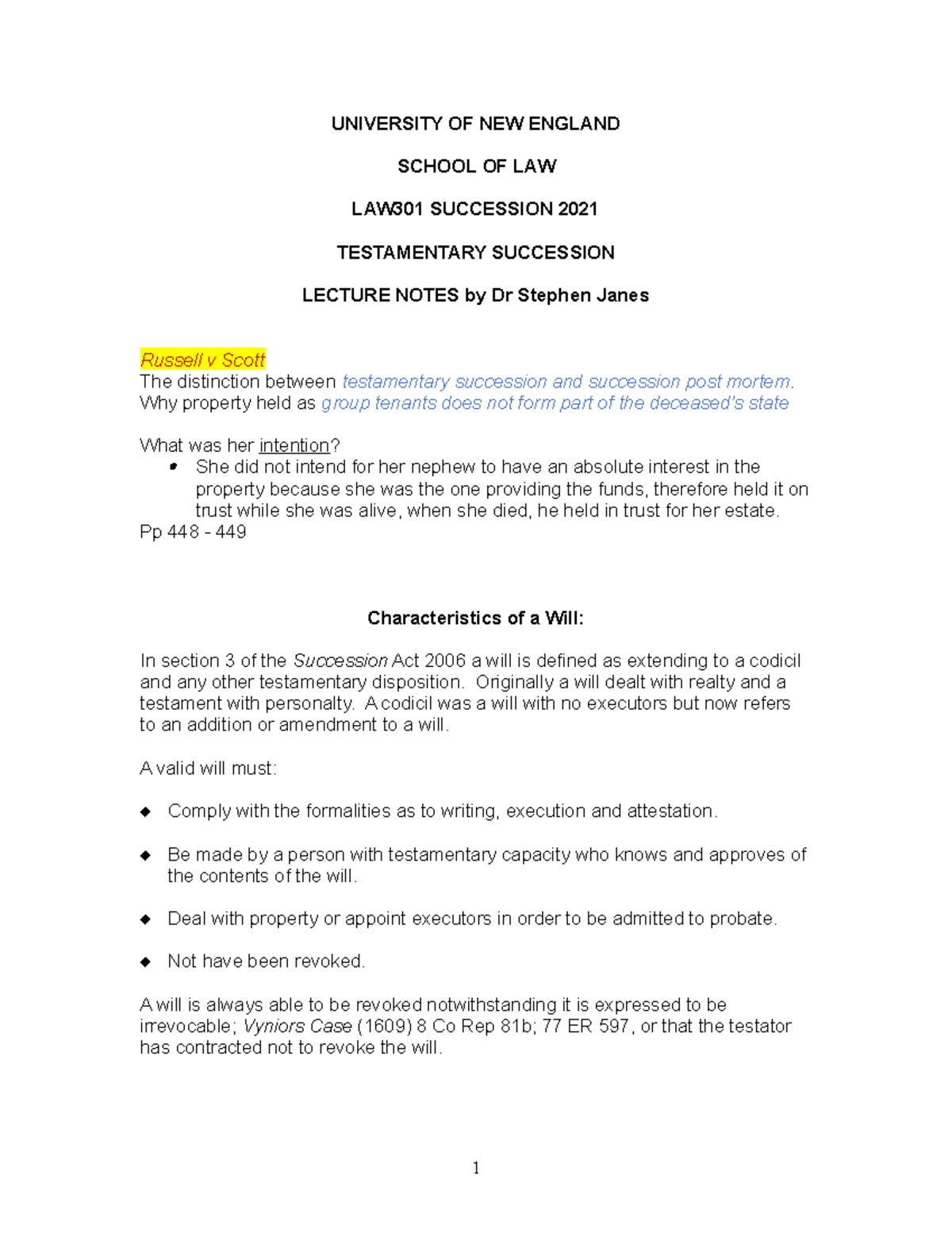 Lecture 3 - Testamentary Succession - UNIVERSITY OF NEW ENGLAND SCHOOL ...