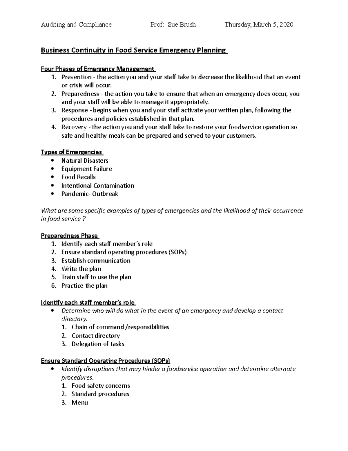 Business Continuity in Food Service Emergency Planning - Prevention ...