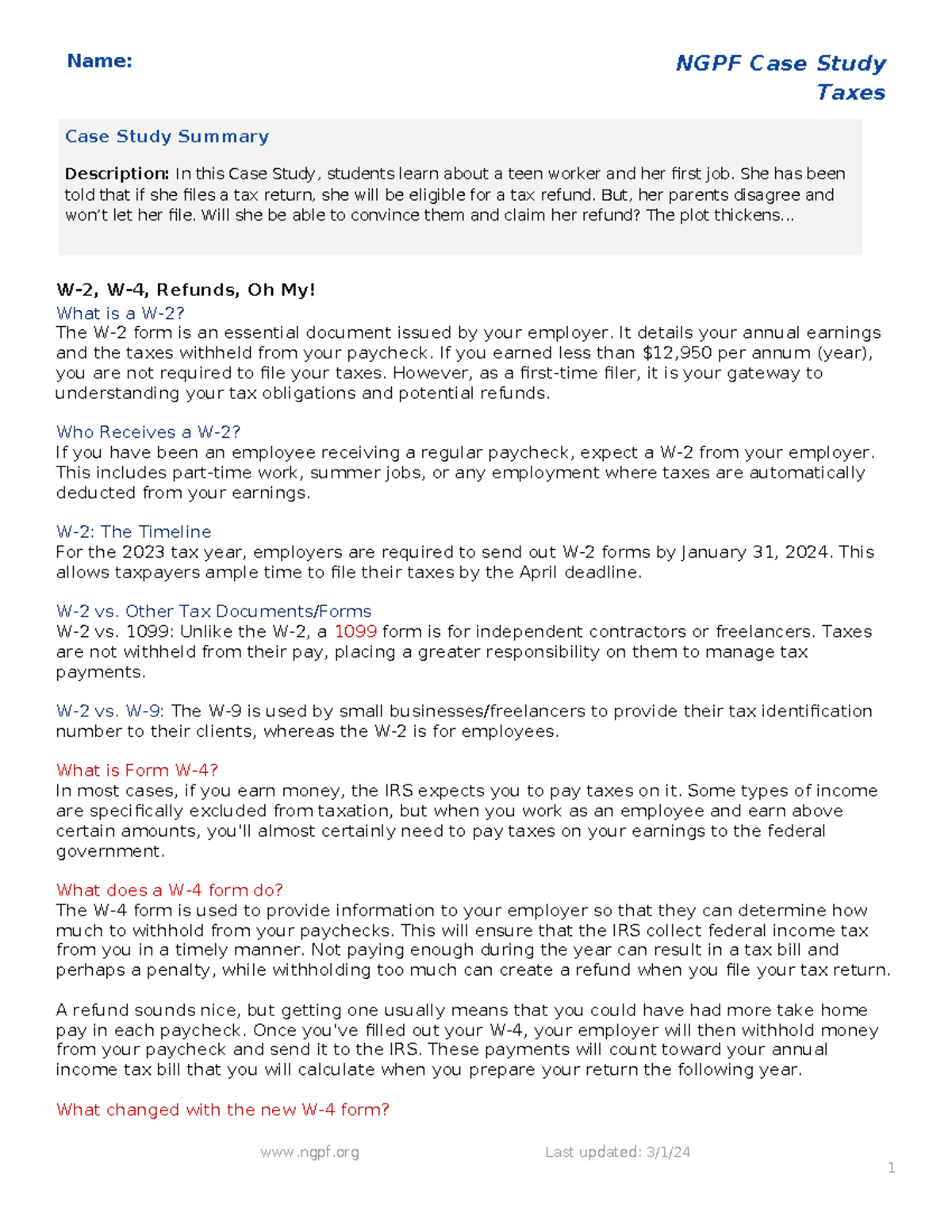 Taxes CS W-2, W-4, Refunds, Oh My-1 - Name: NGPF Case Study Taxes Case ...