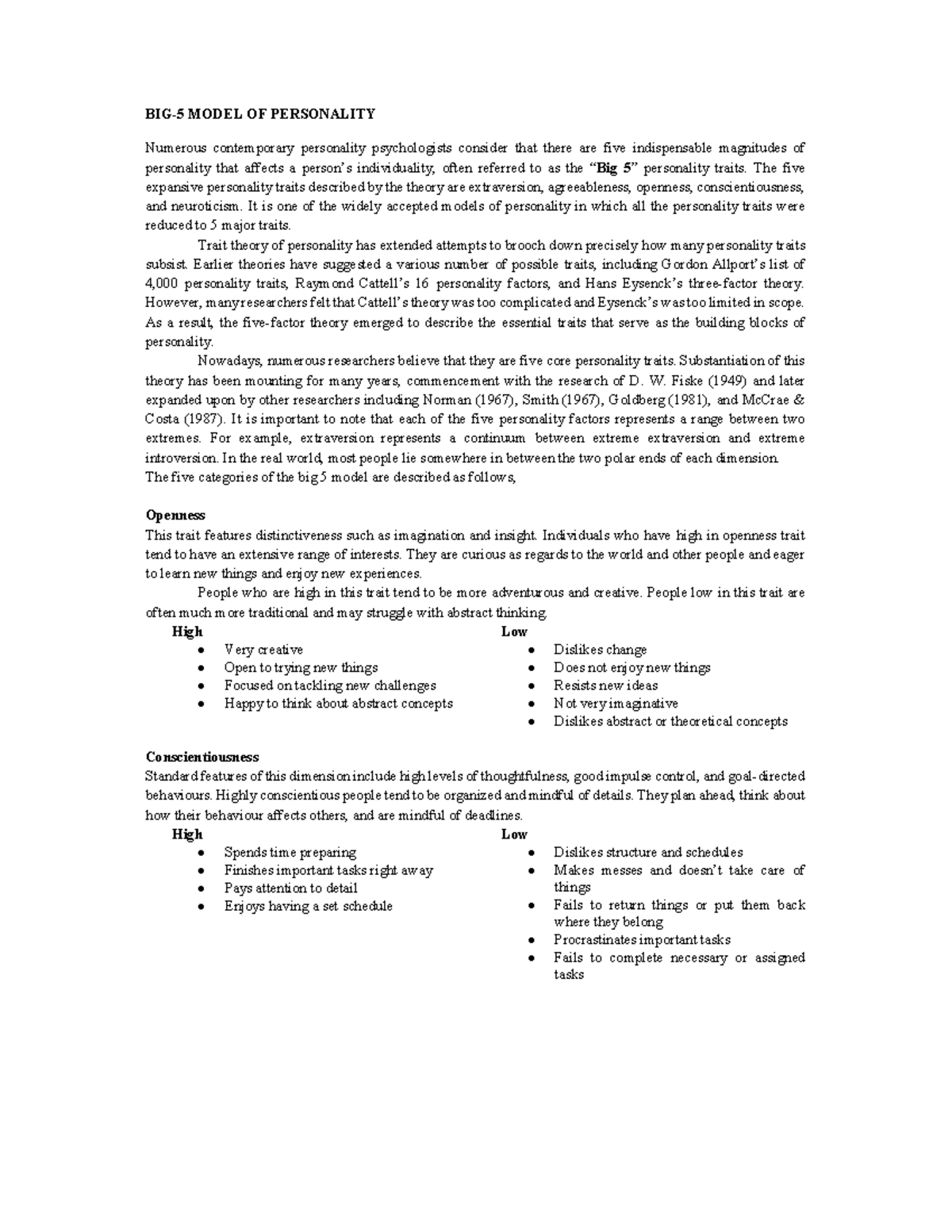 Big-5 Models of Personality traits - BIG-5 MODEL OF PERSONALITY Numerous contemporary ...