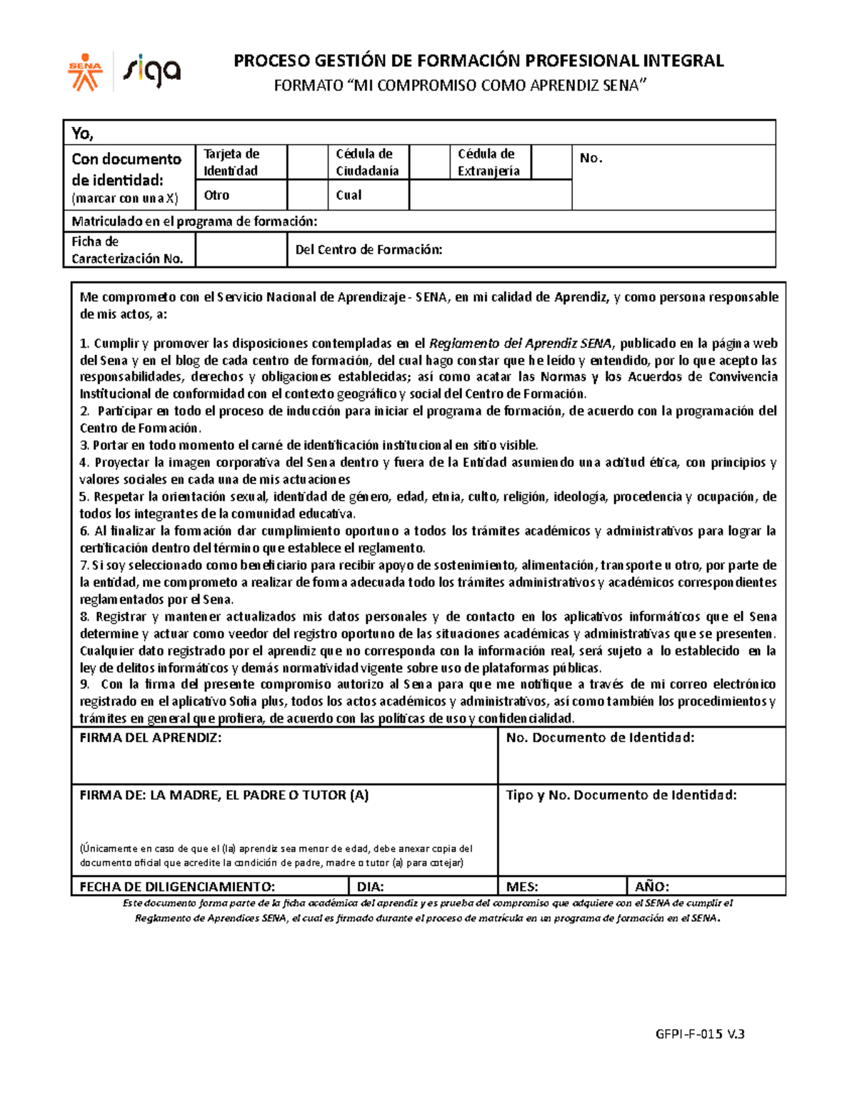 GFPI-F-015 Formato Compromiso del Aprendiz V2 - PROCESO GESTIÓN DE FORMACIÓN PROFESIONAL ...