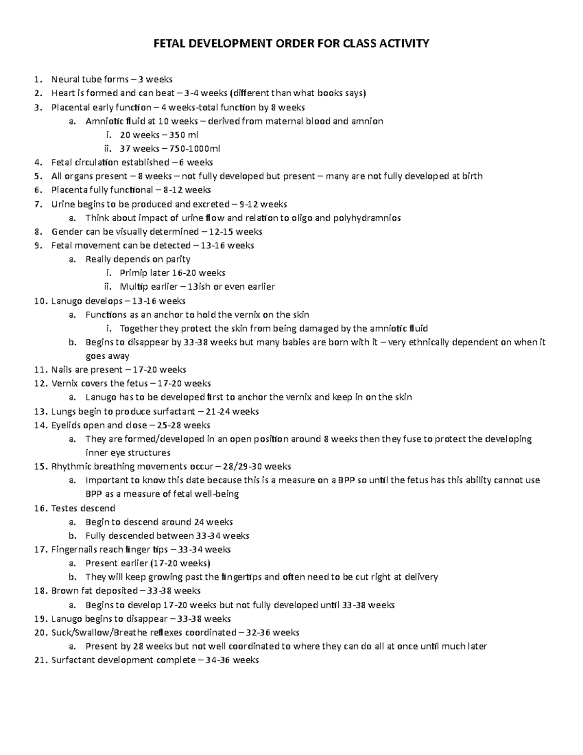 Fetal Development Order Answers-2 - FETAL DEVELOPMENT ORDER FOR CLASS ...