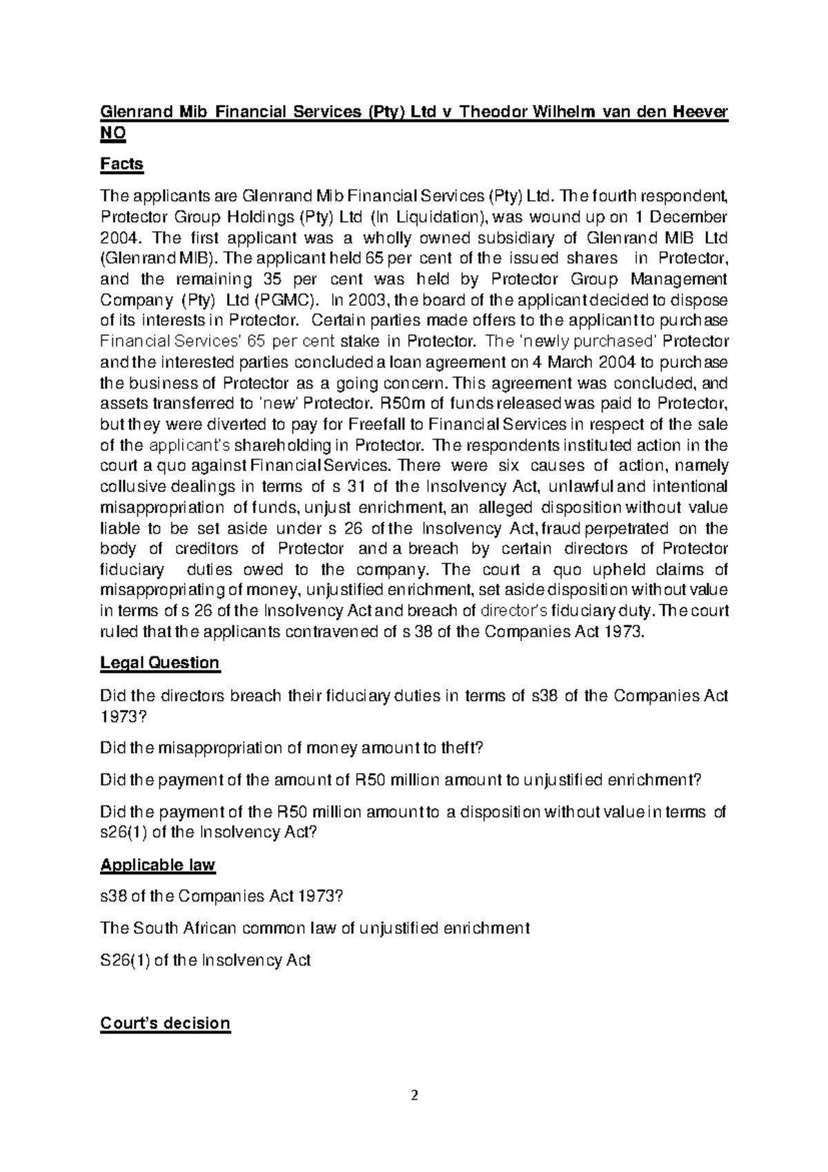 Glenrand MIB Financial services v Theodor Wilhelm - 2 Glenrand Mib ...