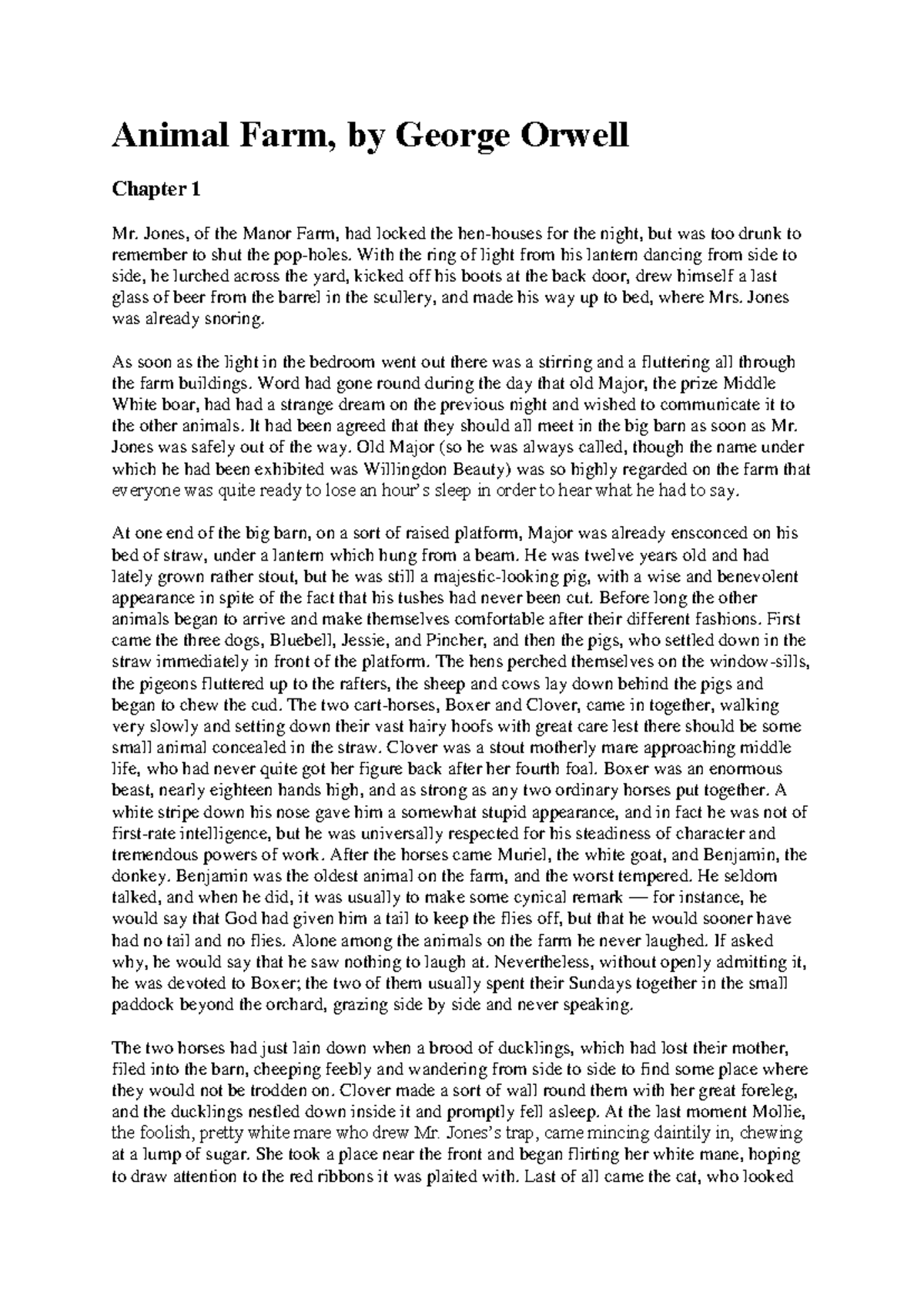 Animal Farm Whole Text - Animal Farm, by George Orwell Chapter 1 Mr ...