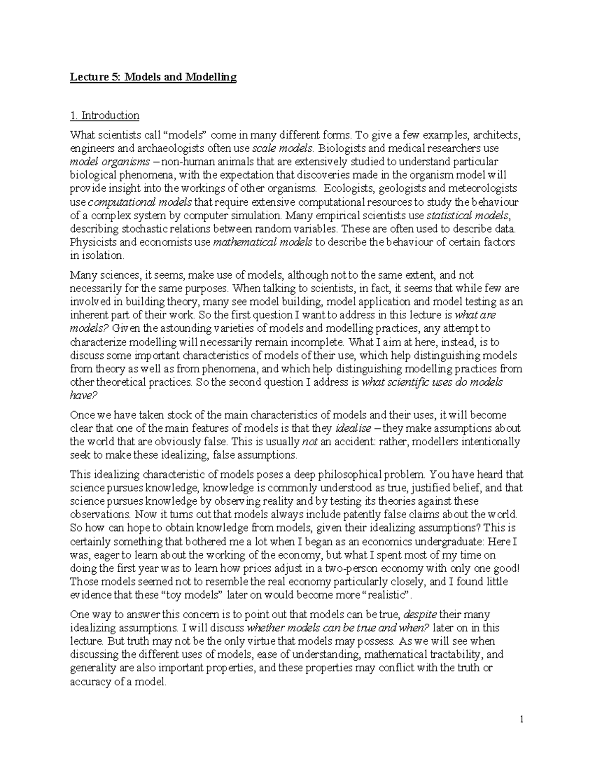 Models Lecture Script - Lecture 5: Models and Modelling Introduction ...