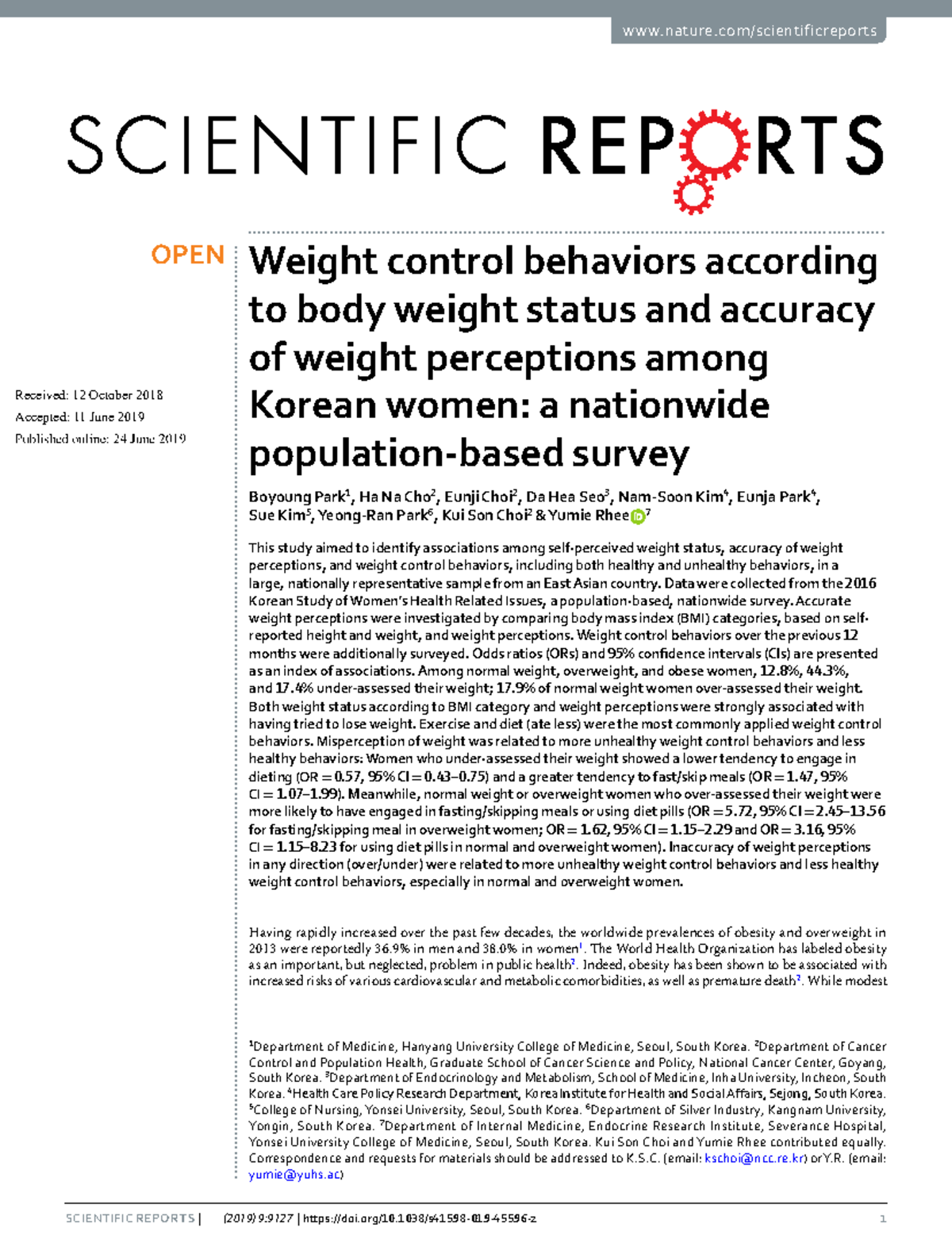 Weight control behaviors according - nature/scientificreports Weight ...