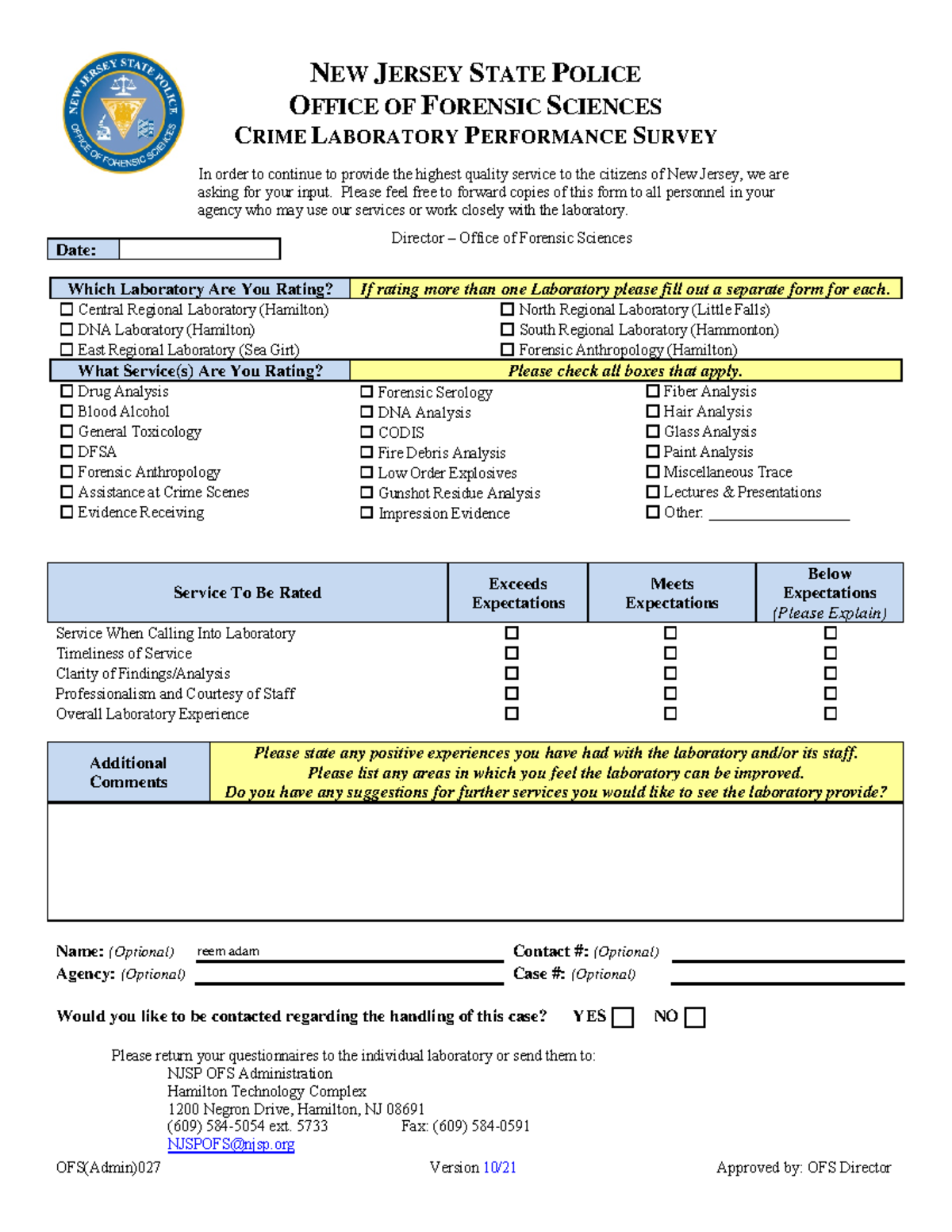 OFS Feedback Survey 2021 - OFS(Admin)027 Version 10/ 21 Approved by ...