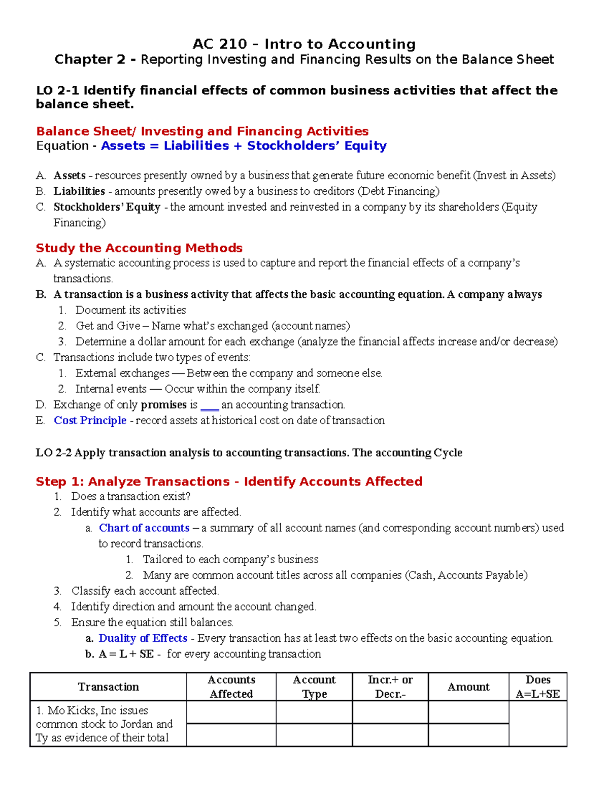Chapter 2 handout - AC 210 – Intro to Accounting Chapter 2 - Reporting ...