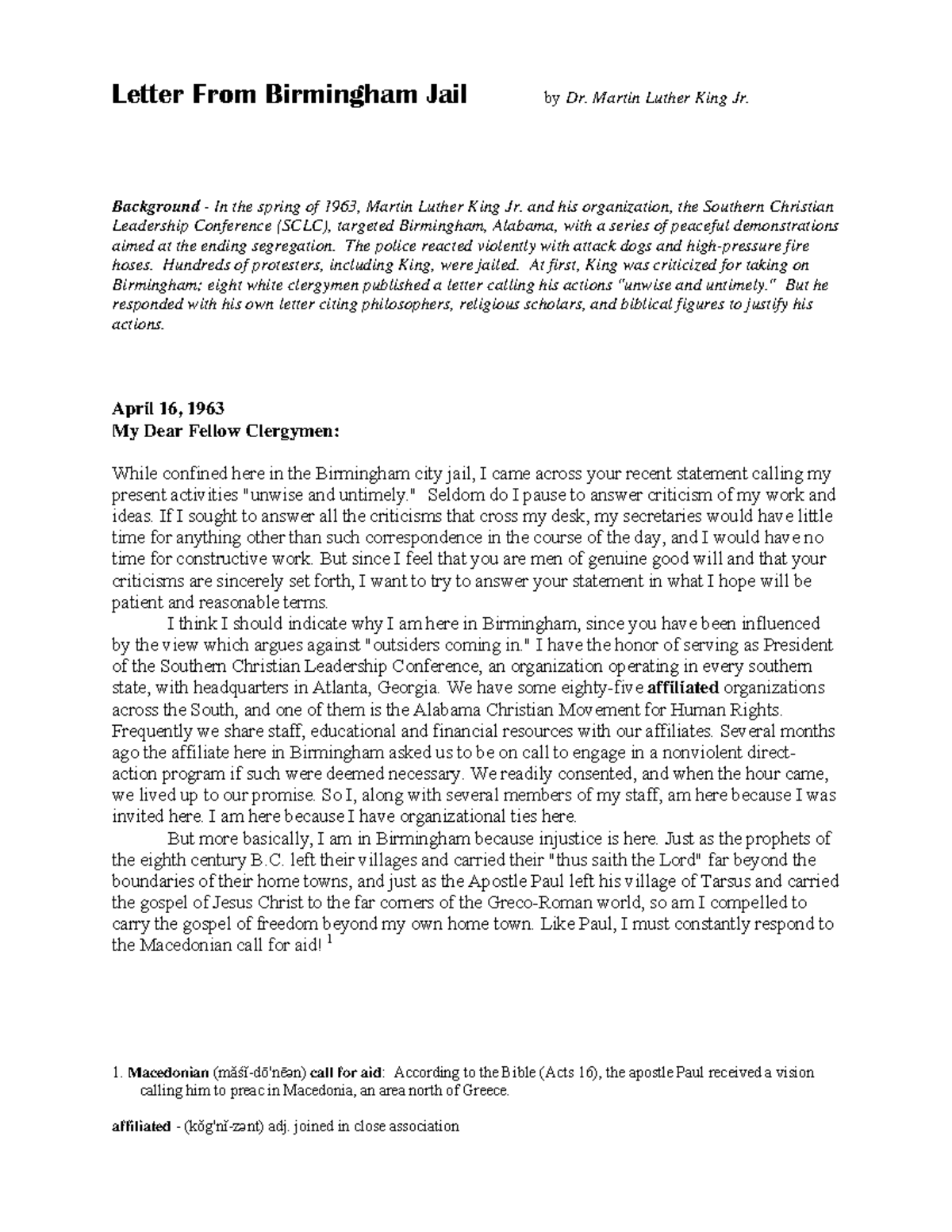 Reading material - Letter From Birmingham Jail by Dr. Martin Luther ...