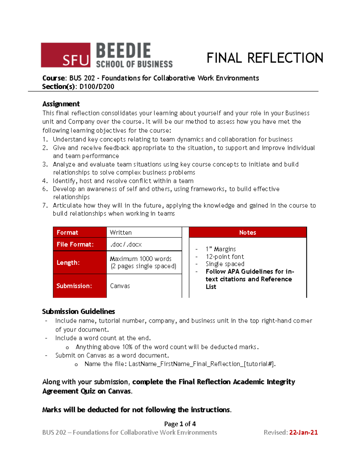 Final Reflection - Assignment - (IND) - BUS 202 - Page 1 of 4 FINAL ...