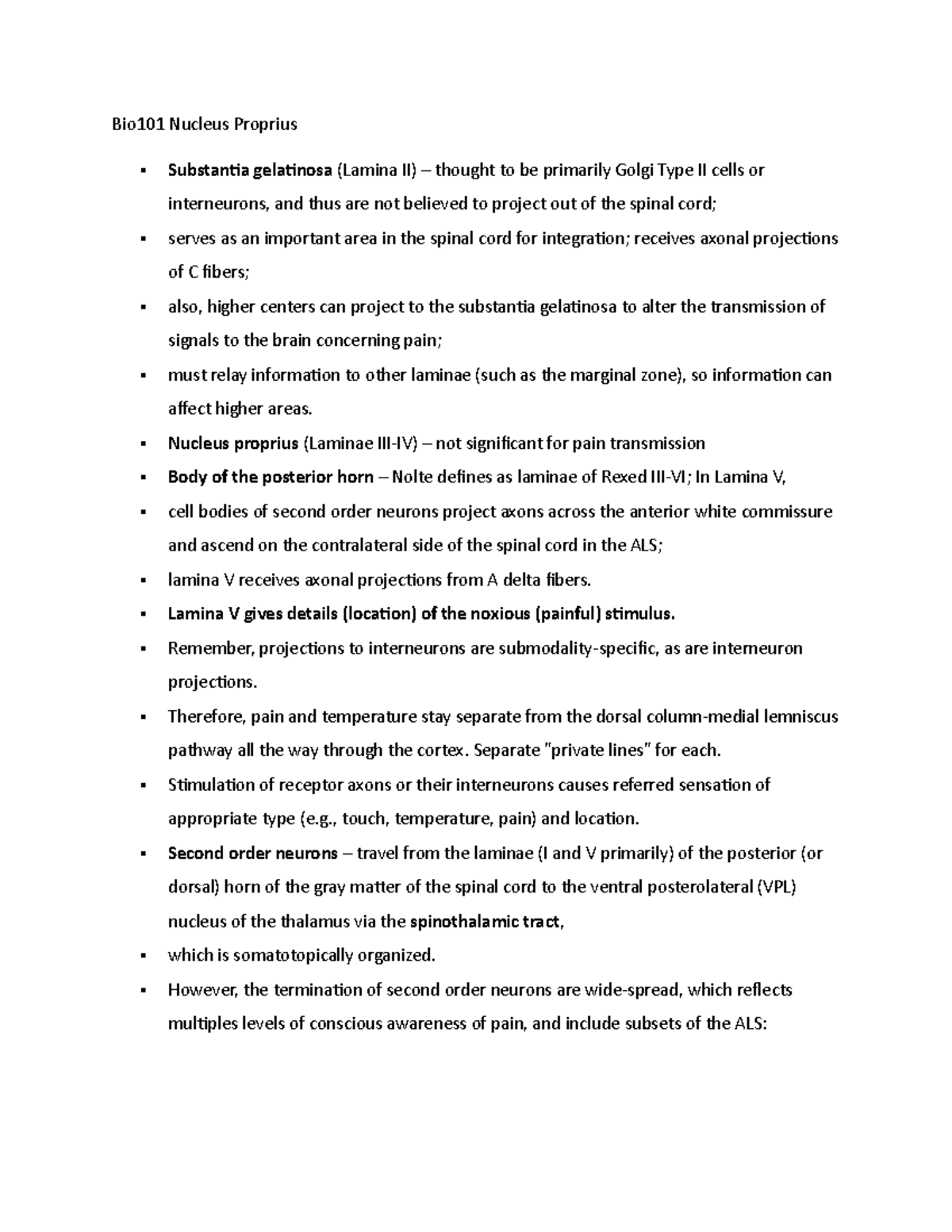 Bio101 Nucleus Proprius - § Nucleus proprius (Laminae III-IV) – not ...