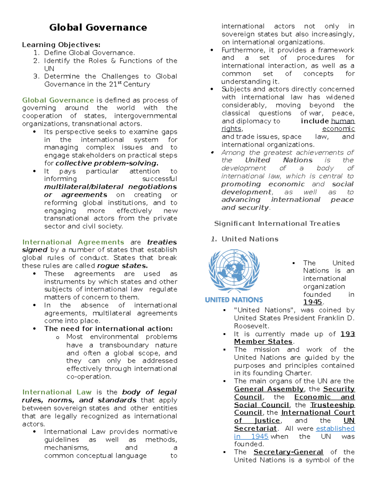 Global-Governance-Handout - Global Governance Learning Objectives: 1 ...