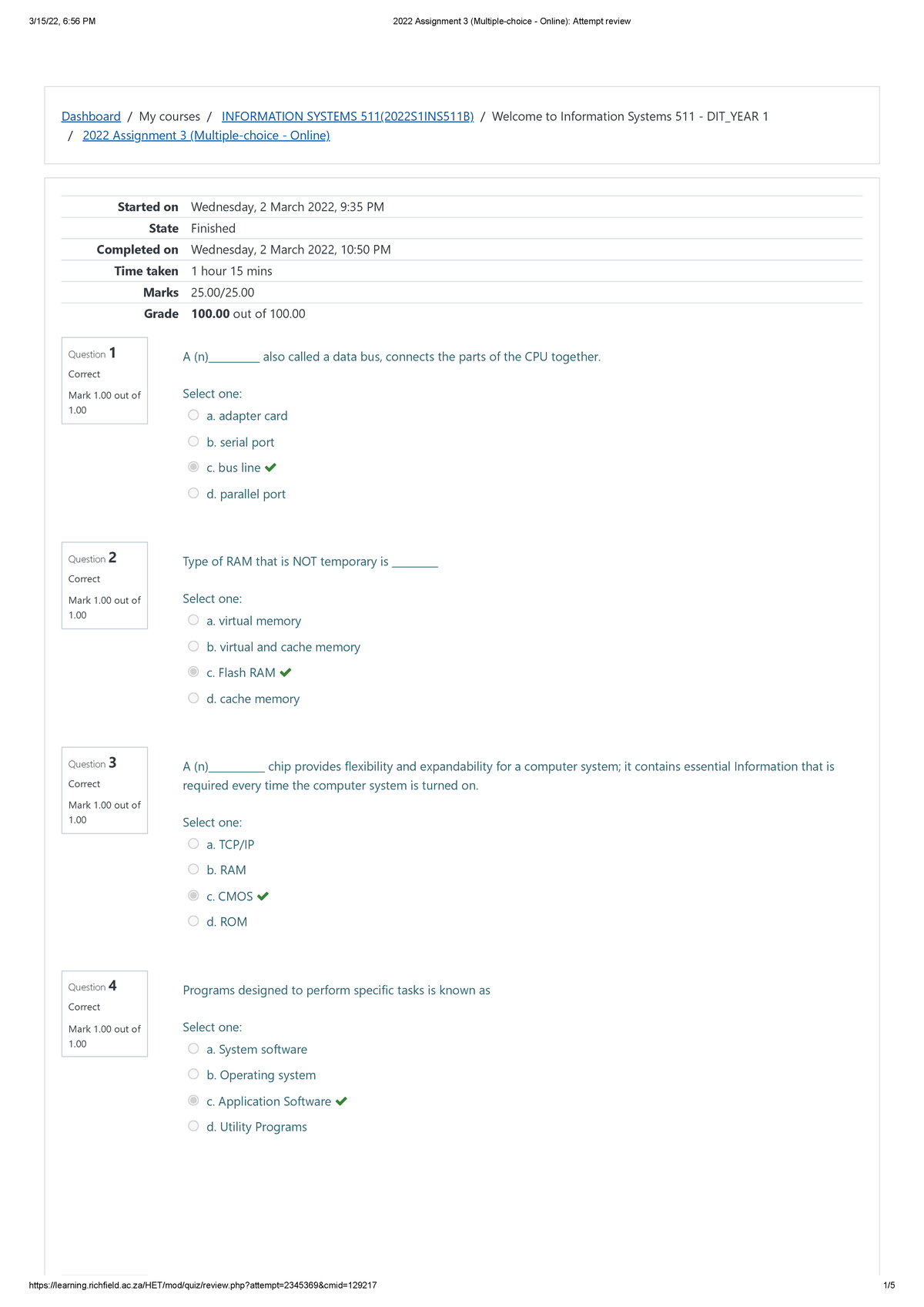 2022 Assignment 3 (Multiple-choice - Online) Attempt review - Dashboard ...