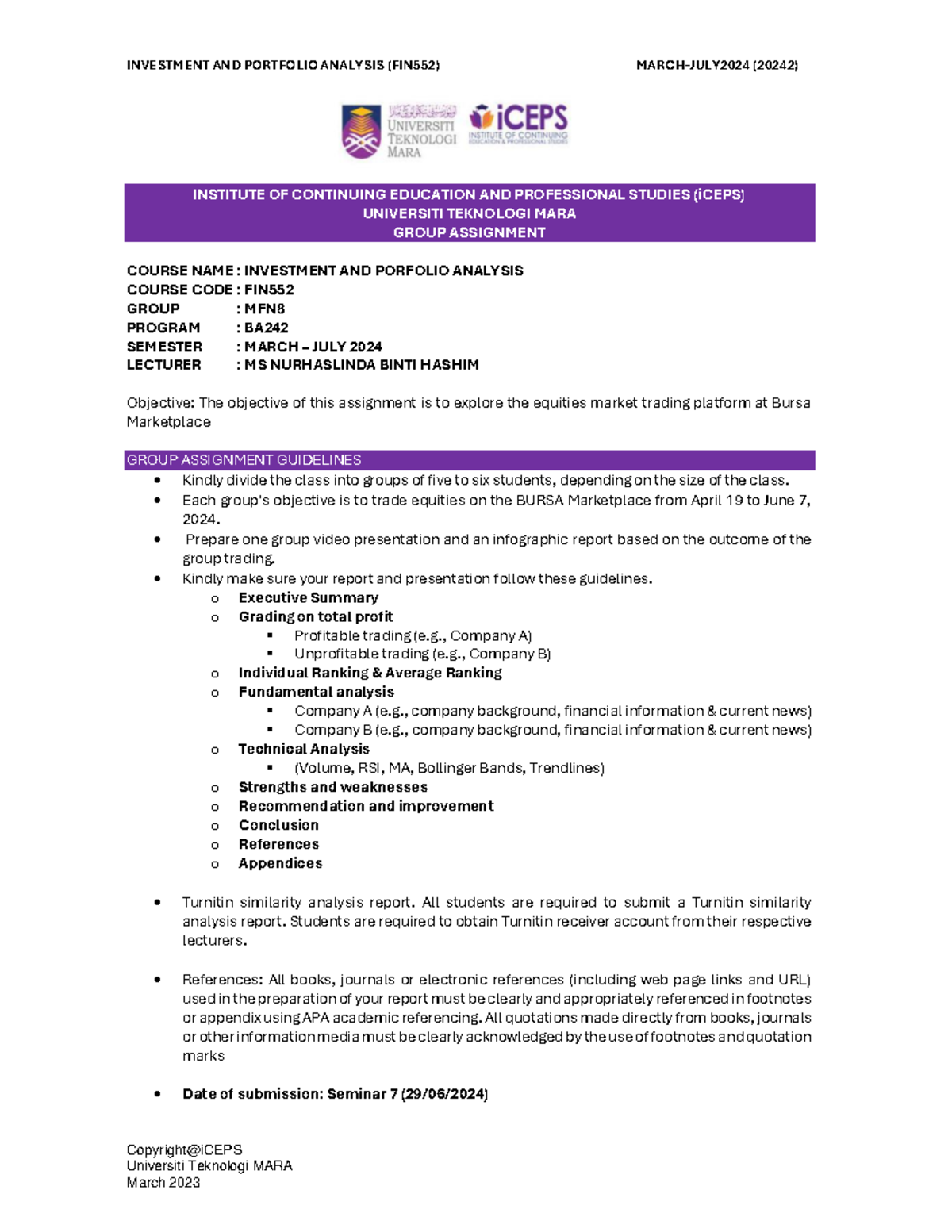 FIN552 Mar24 Group Assignment MFN8 - INVESTMENT AND PORTFOLIO ANALYSIS ...