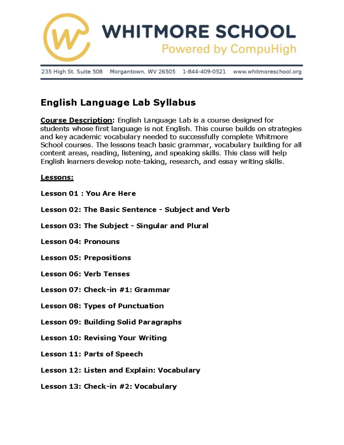 English Language Lab Syllabus P1 - English Language Lab Syllabus Course ...