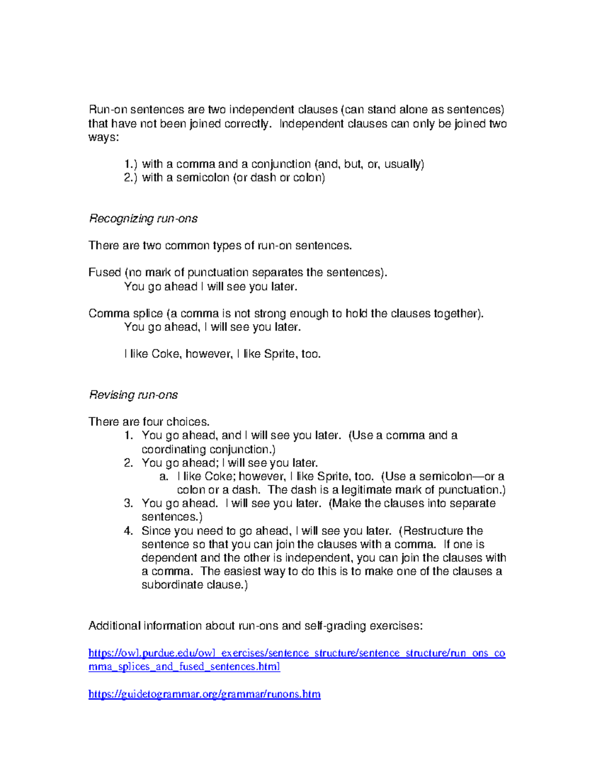 Run-on Sentence Notes Arial - Run-on sentences are two independent ...