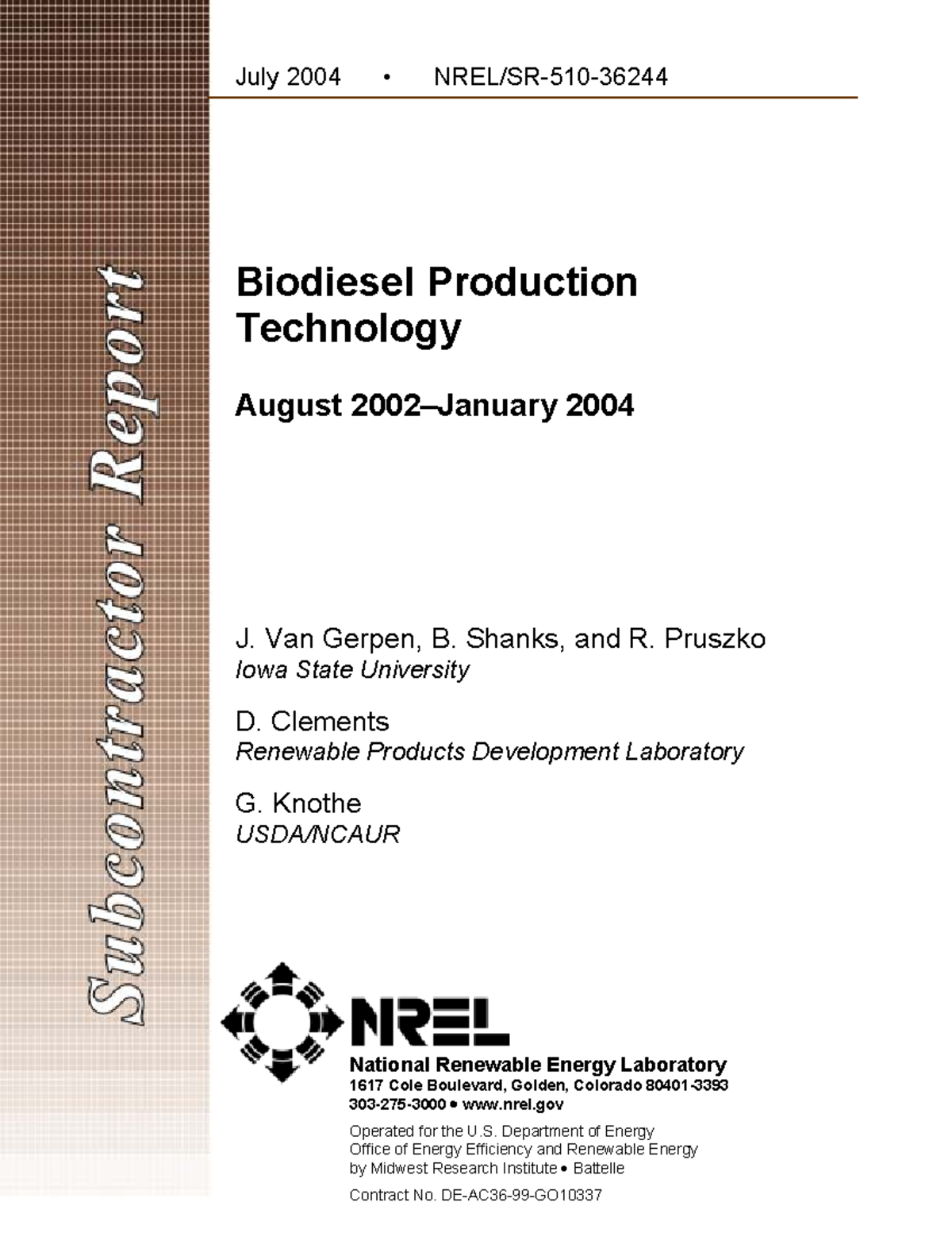 Bio Diesel Production - For studybasis - July 2004 NREL/SR-510- J. Van ...