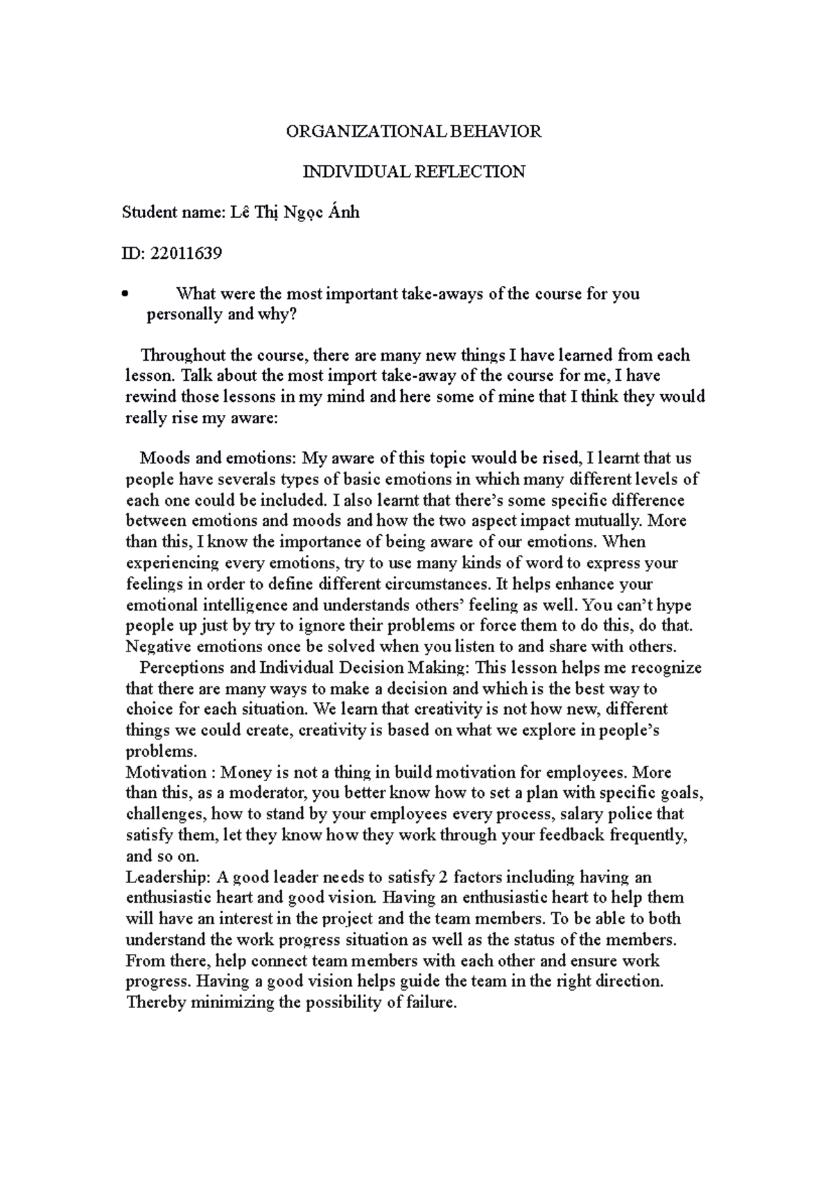 Lethingocanh 22011 639 individualreflection - ORGANIZATIONAL BEHAVIOR ...