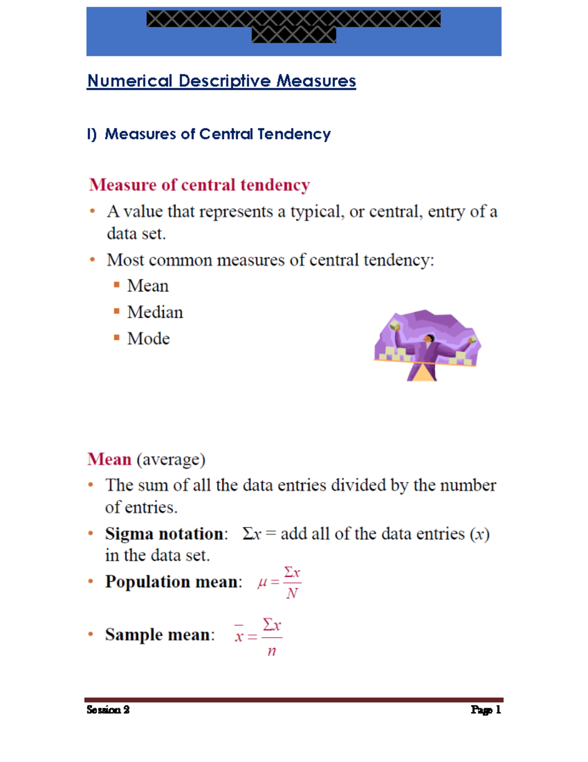 Module 2 - Numerical Descriptive Measures I) Measures of Central ...