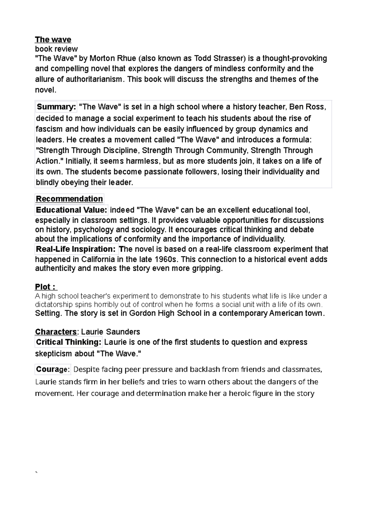 The wave - The wave book review "The Wave" by Morton Rhue (also known ...