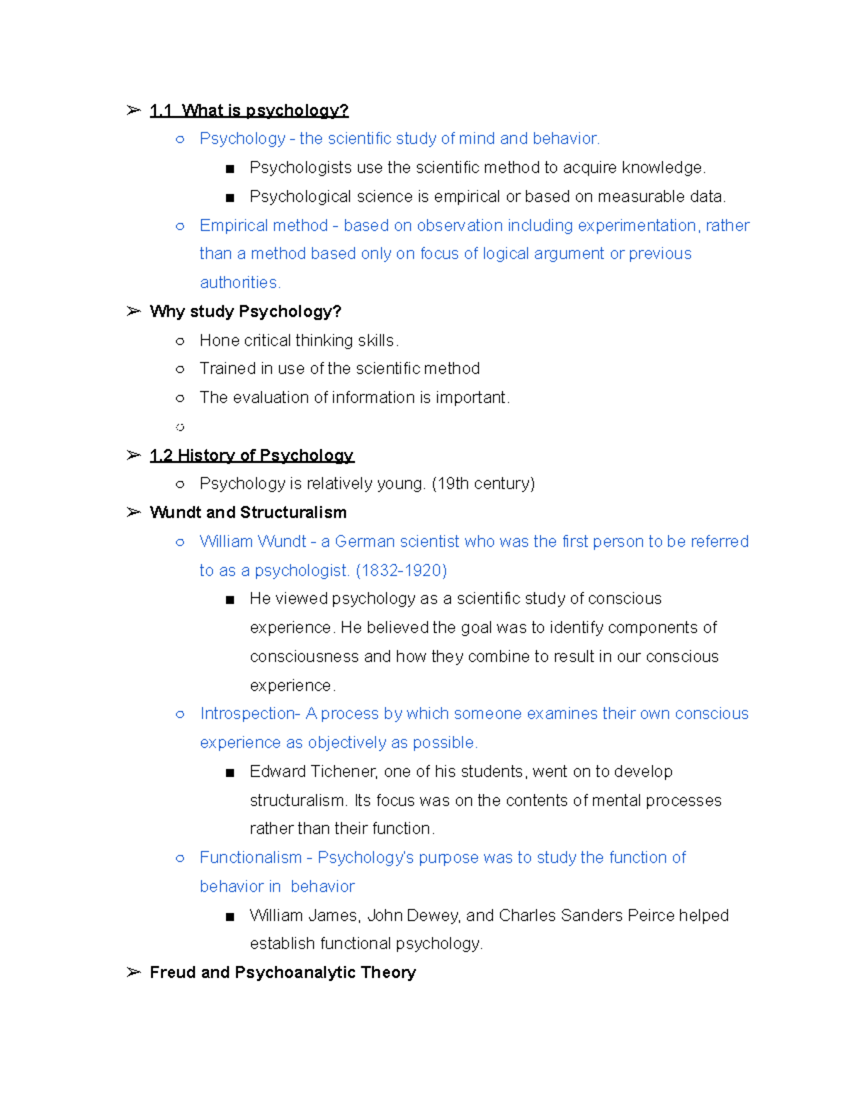 Ch 1 psych - notes - 1 What is psychology? Psychology - the scientific ...