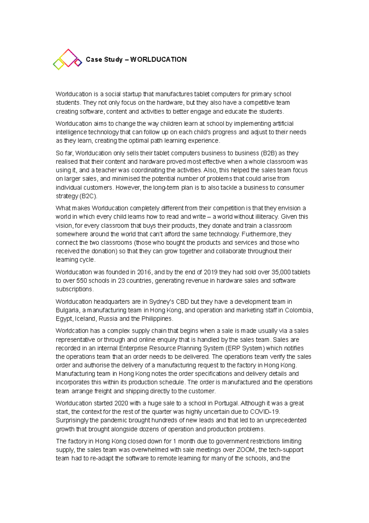 Bsbops 502 Simulation Pack (12) - Case Study – WORLDUCATION ...
