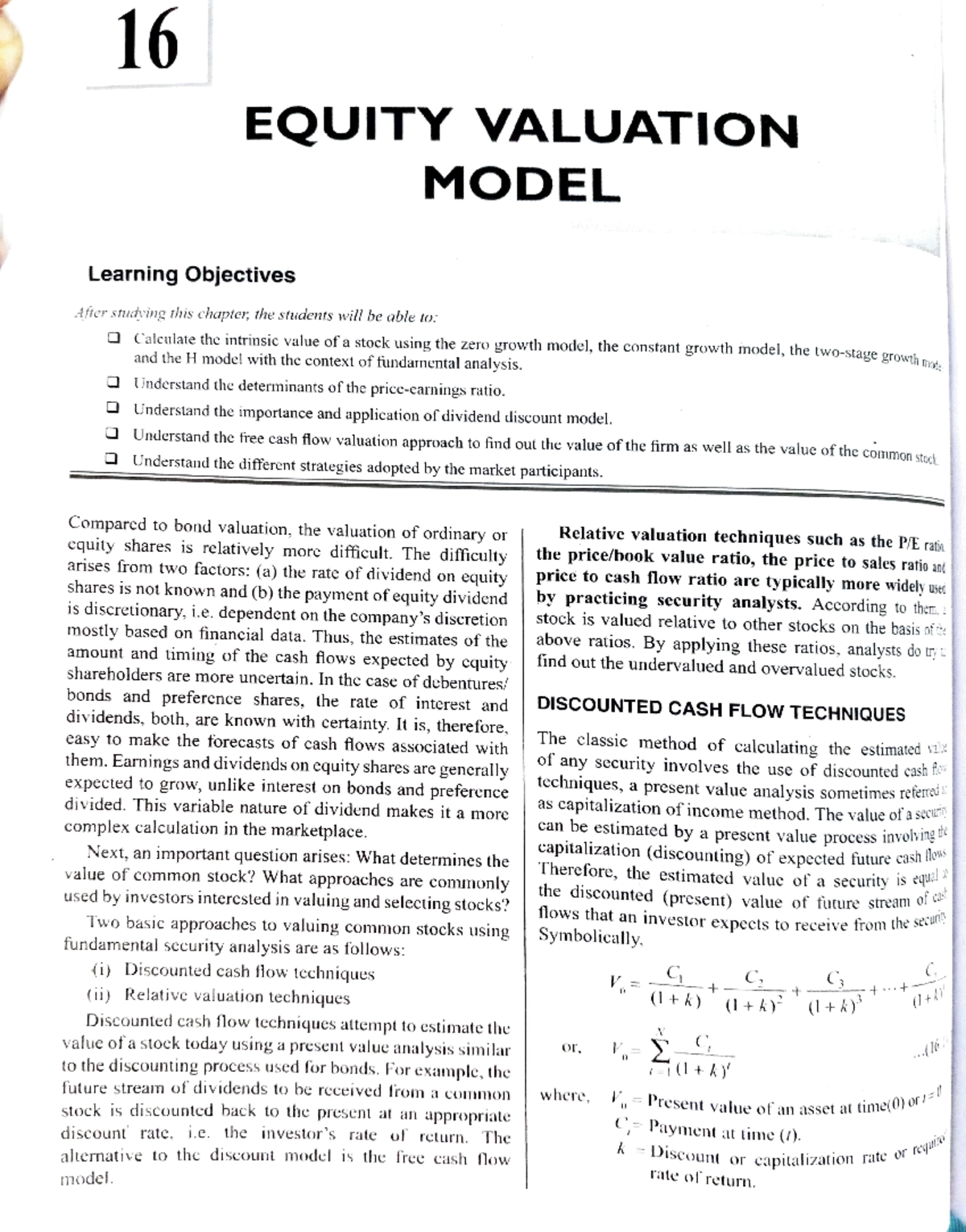 Unit 1.2 - Equity valuation - 16 EQUITY VALUATION Learning Objectives MODEL After studing this ...