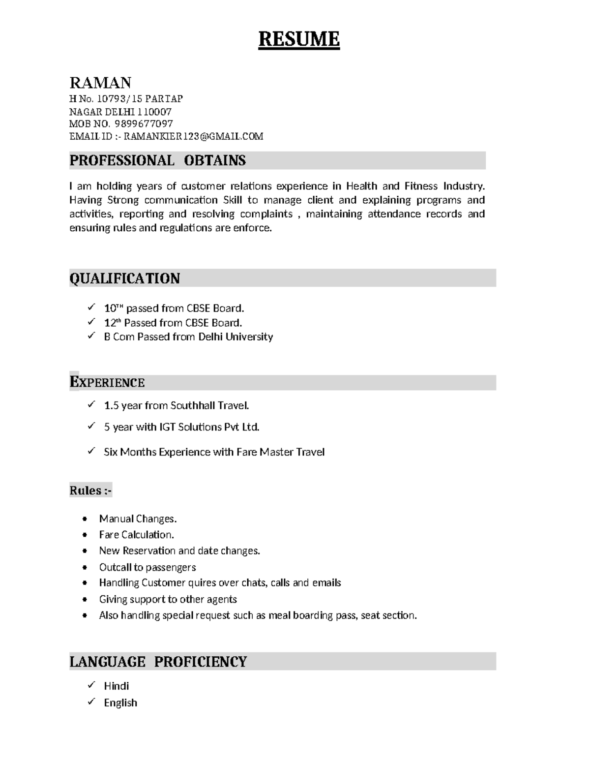 Resume - asd - RESUME RAMAN H No. 10793/15 PARTAP NAGAR DELHI 110007 ...