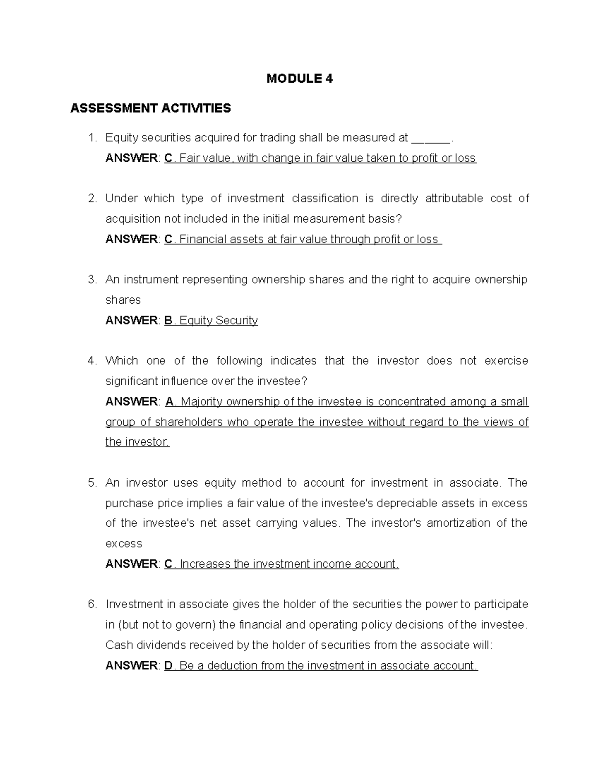 INTERMEDIATE ACCOUNTING MODULE 4 DIFFERENT INVESTMENTS - MODULE 4 ...