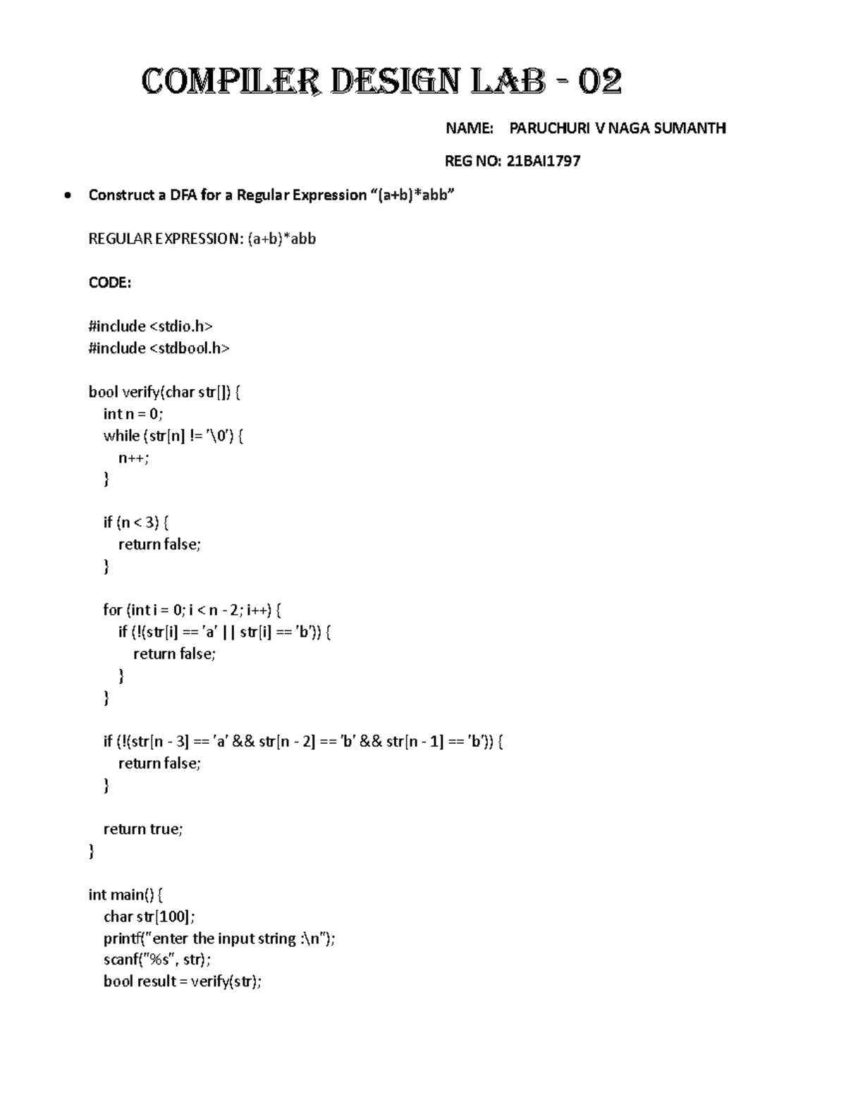 21BAI1797 LAB Assignment-02-1 - compiler design lAB - 02 NAME: PARUCHURI V NAGA SUMANTH REG NO ...