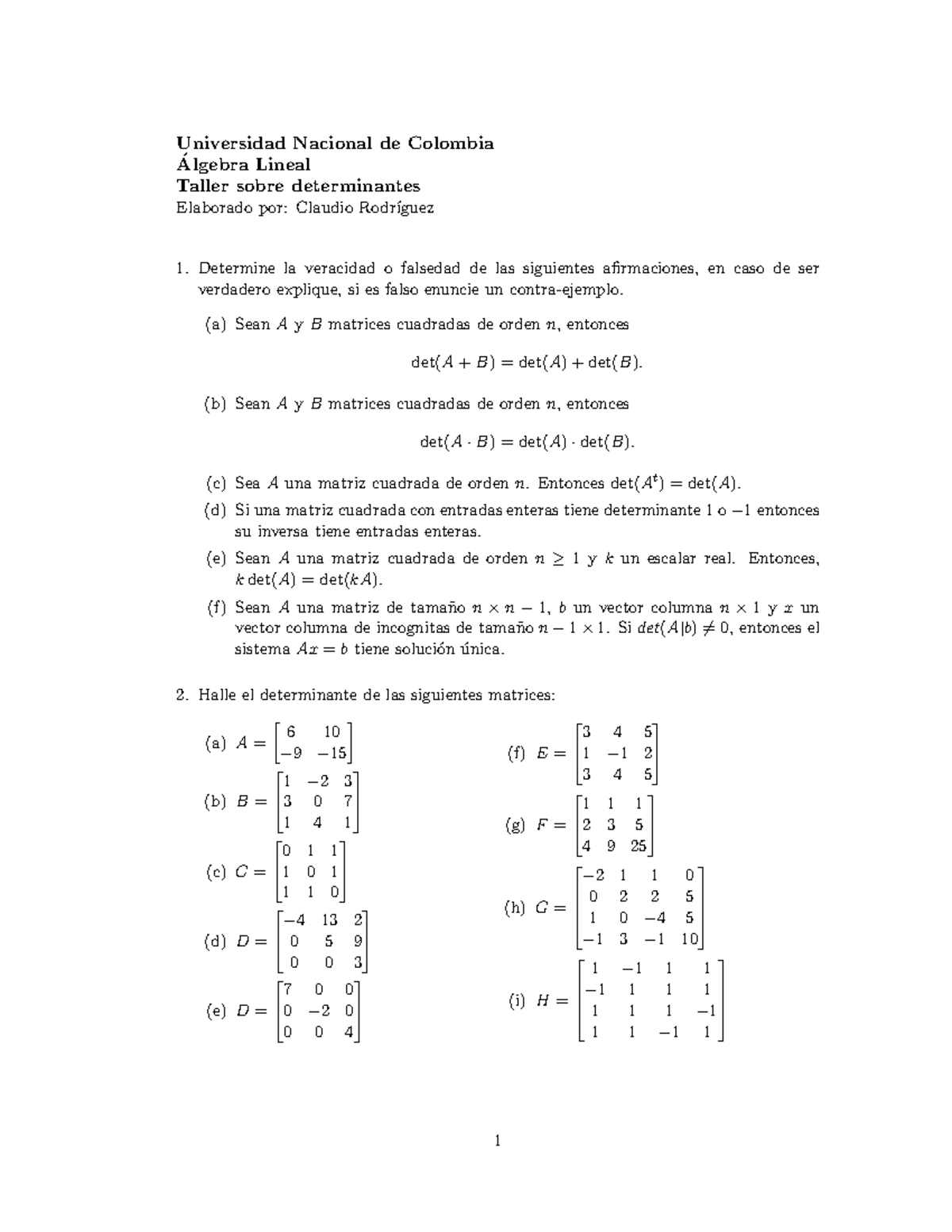 Taller 2 sobre determinantes - Universidad Nacional de Colombia Algebra ...