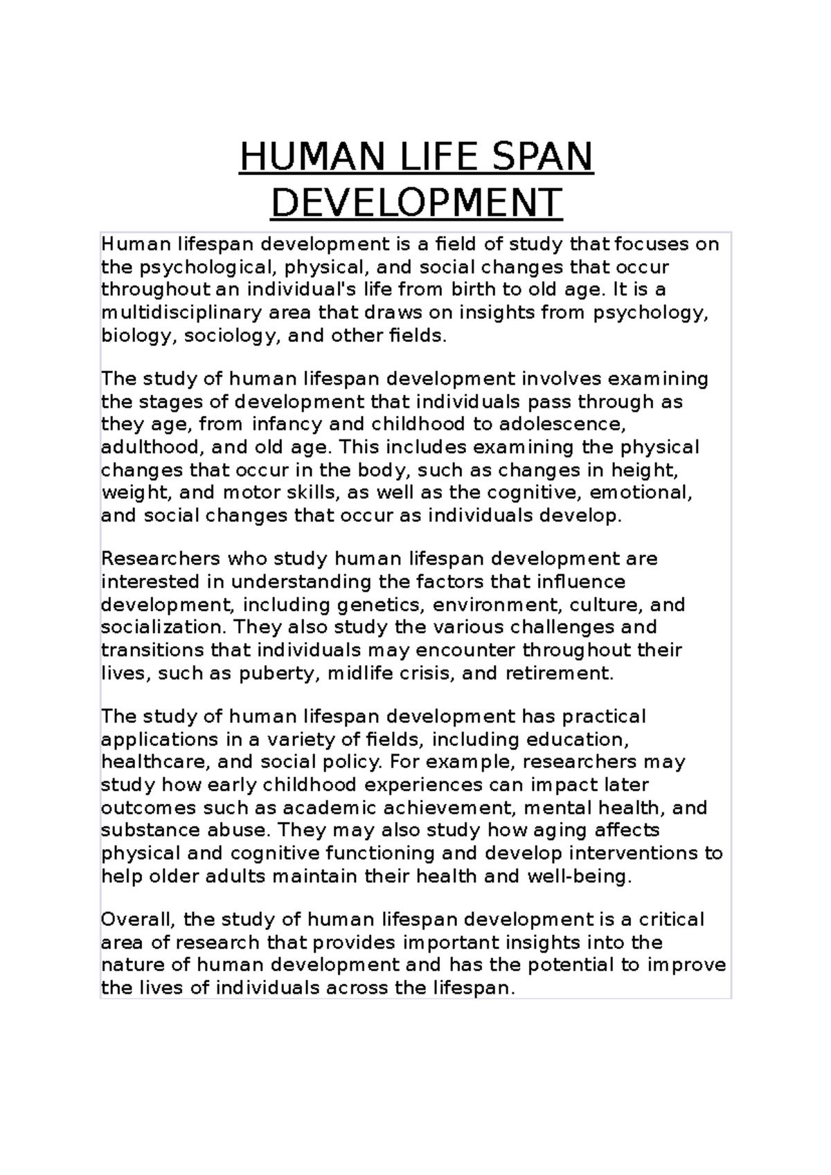 Human LIFE SPAN Development - HUMAN LIFE SPAN DEVELOPMENT Human ...