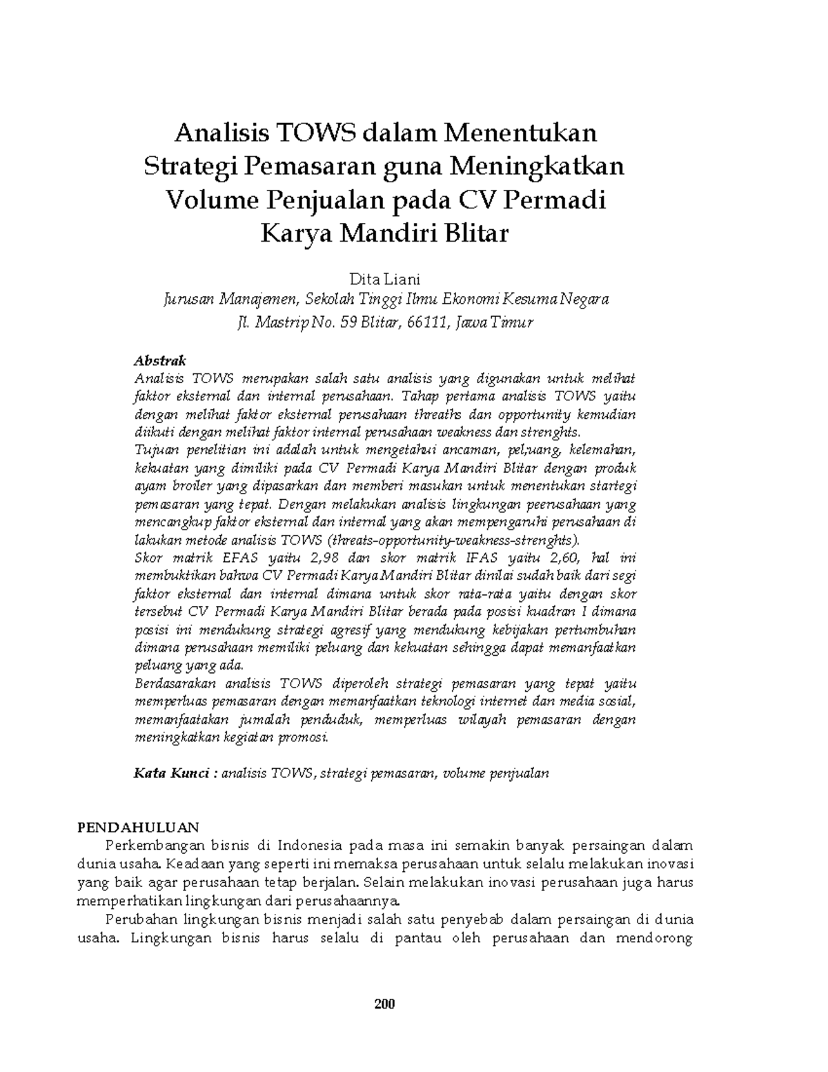 438-Article Text-769-1-10-202001 24 - 200 Analisis TOWS dalam Menentukan Strategi Pemasaran guna ...