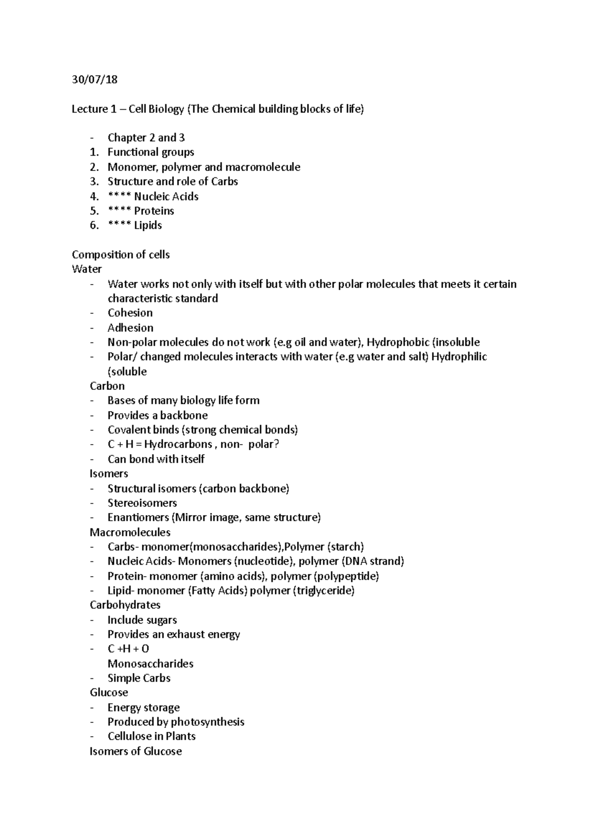 Lecture 1 Notes - 30/07/18 Lecture 1 – Cell Biology (The Chemical ...