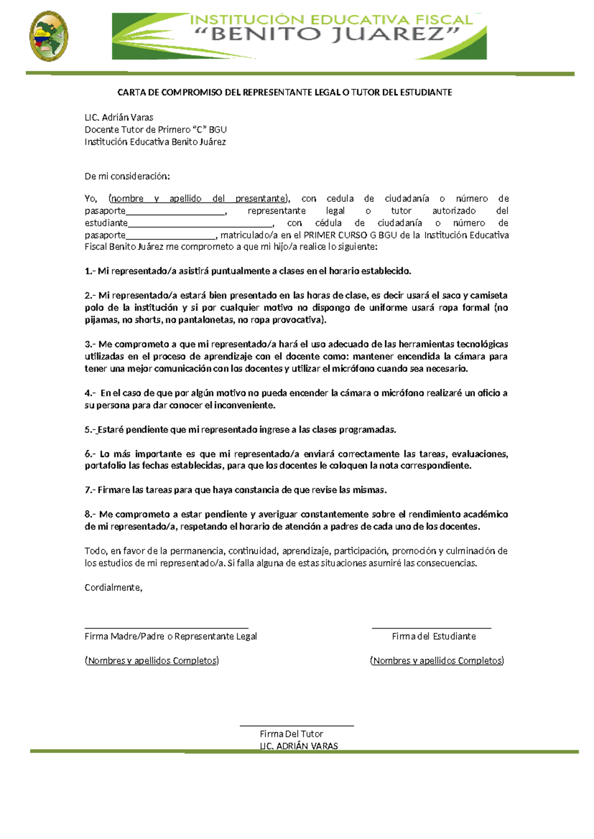 Carta DE Compromiso-2 - HOLA - CARTA DE COMPROMISO DEL REPRESENTANTE ...