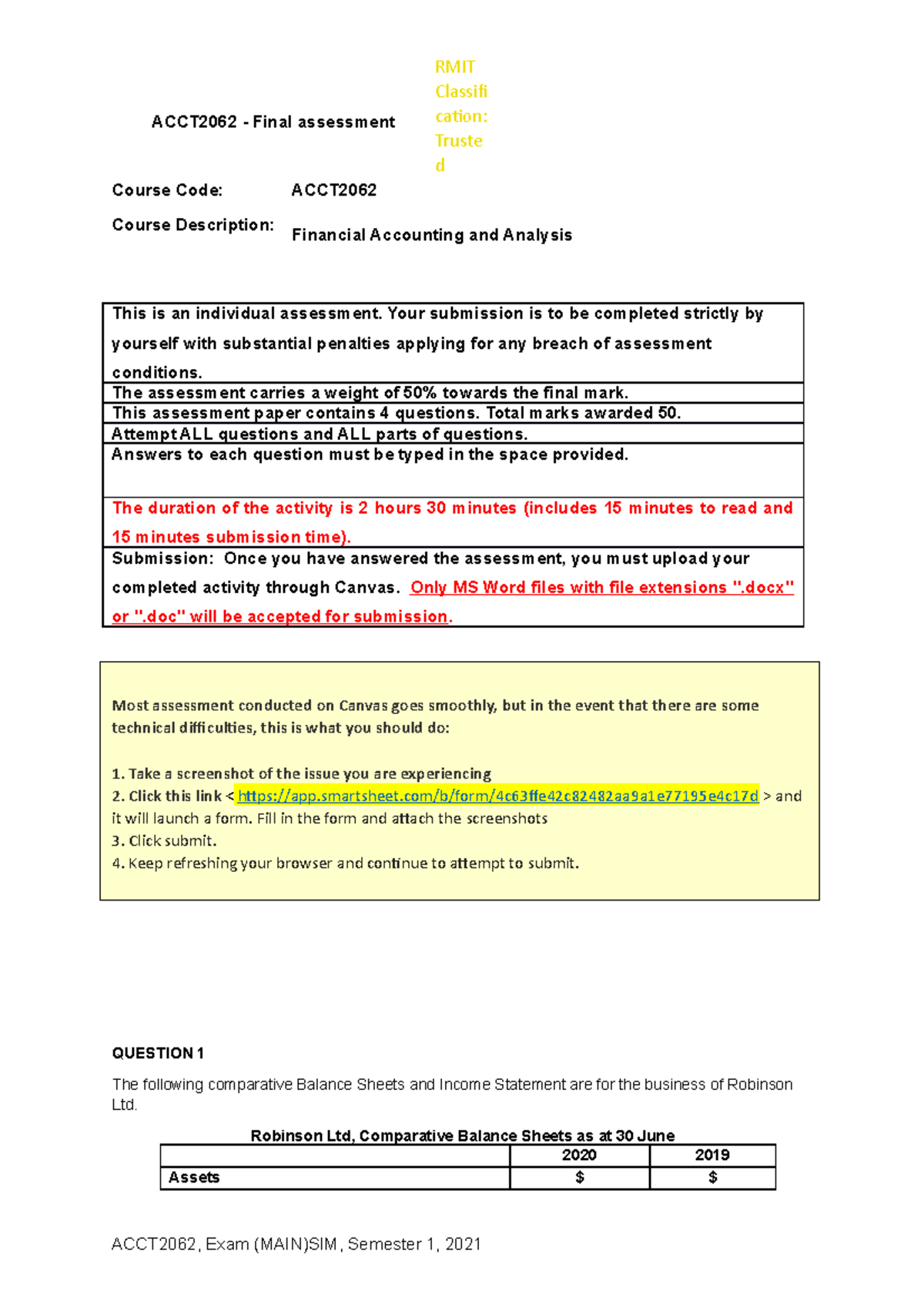 Financial Accounting and Analysis Final Exam Paper-2 - ACCT2062 - Final assessment Course Code ...