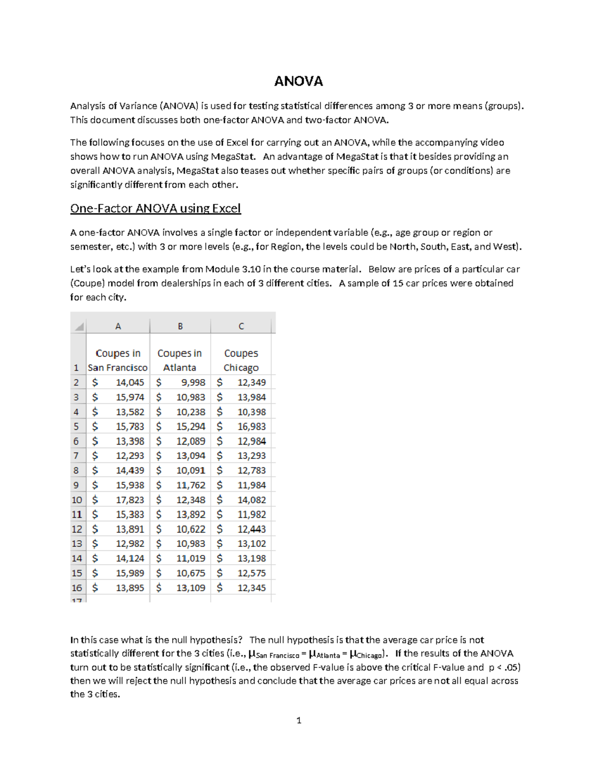 Anova explanation and examples - ANOVA Analysis of Variance (ANOVA) is ...