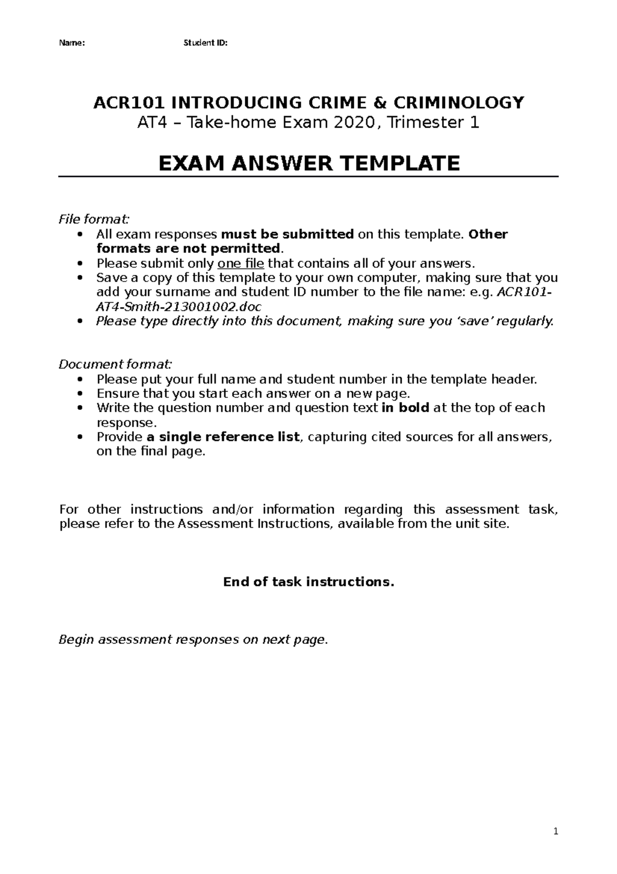ACR101 AT4 Exam template - ACR101 INTRODUCING CRIME & CRIMINOLOGY AT4 ...