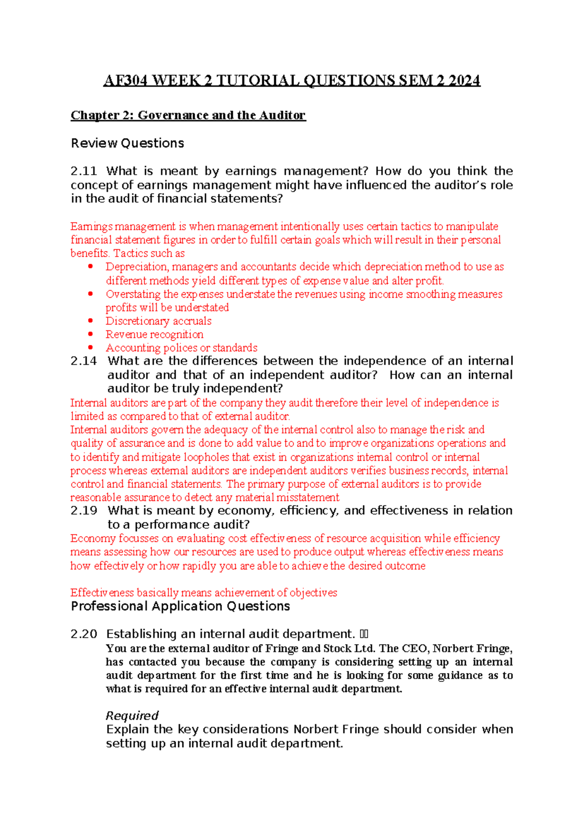 AF304 Week 2 Tutorial Questions - AF304 WEEK 2 TUTORIAL QUESTIONS SEM 2 2024 Chapter 2 ...