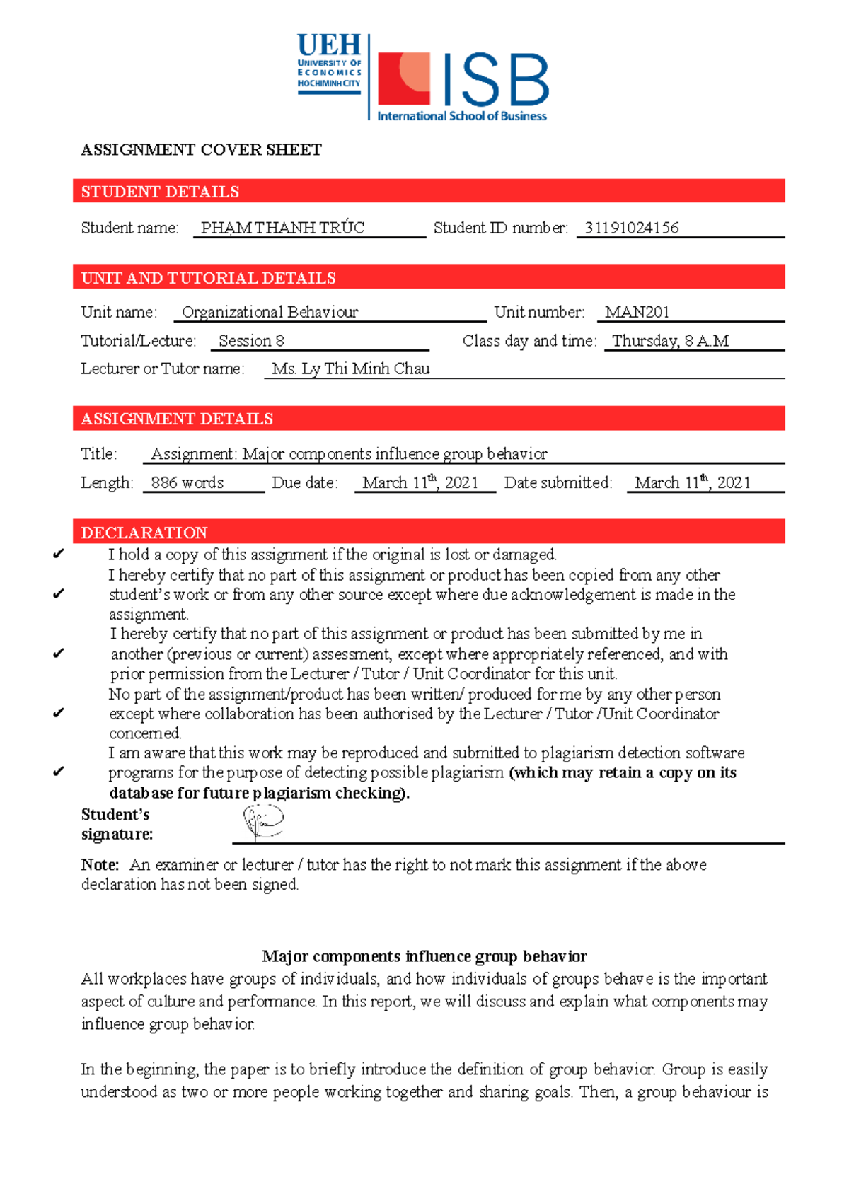 [OB3] 31191024156 Major components influence group behavior - ASSIGNMENT COVER SHEET STUDENT ...