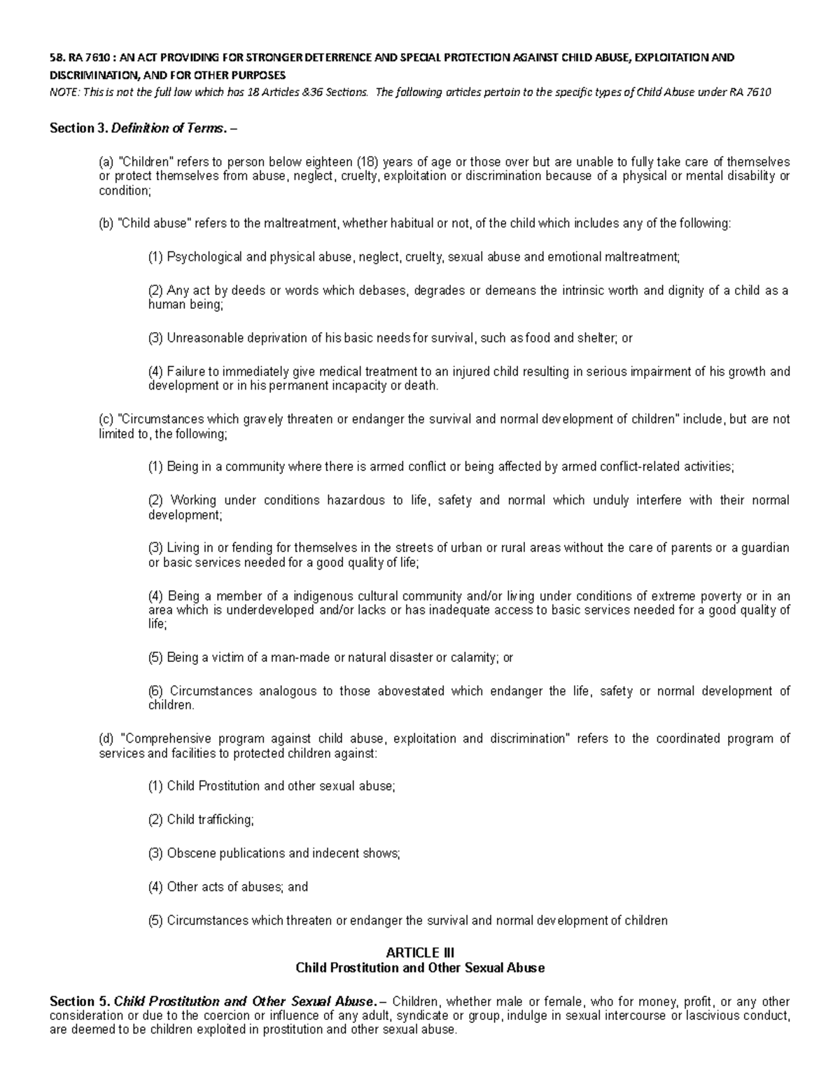 58 RA 7610 - 58. RA 7610 : AN ACT PROVIDING FOR STRONGER DETERRENCE AND ...