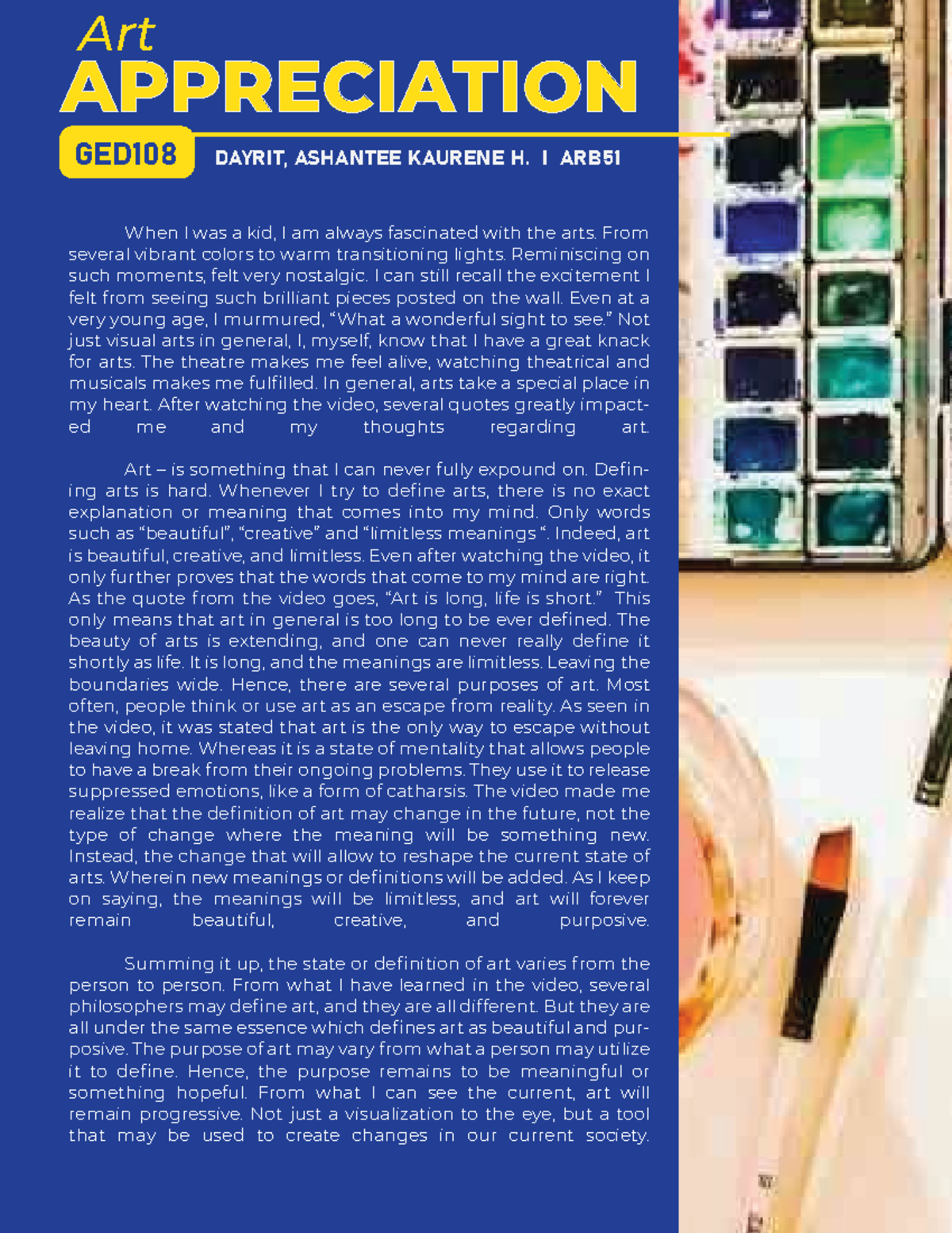 Dayrit GED108 Essay - Art Appreciation Activity - APPRECIATION GED108 ...