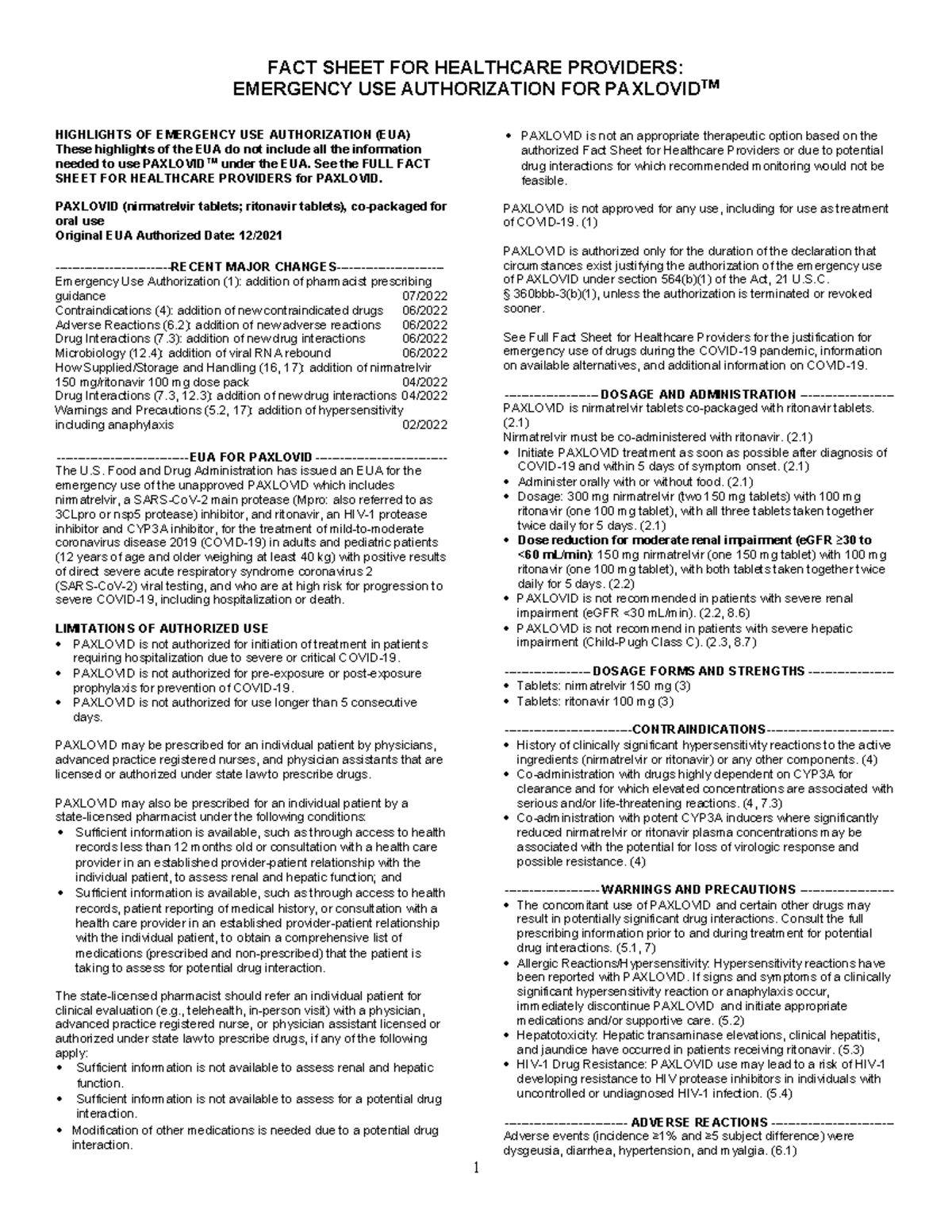 Paxlovid HCP FS 07062022 - FACT SHEET FOR HEALTHCARE PROVIDERS ...
